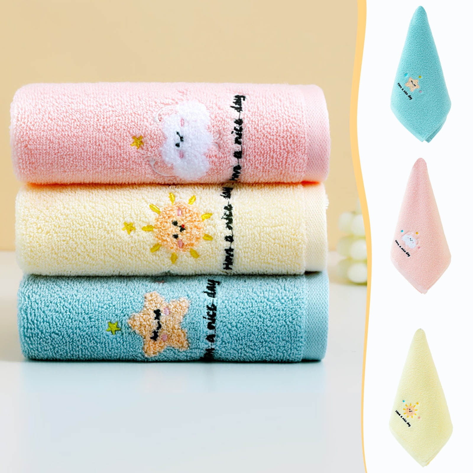 Cotton Embroidered Face Towel | Star Sun Cloud Pattern | Soft ...