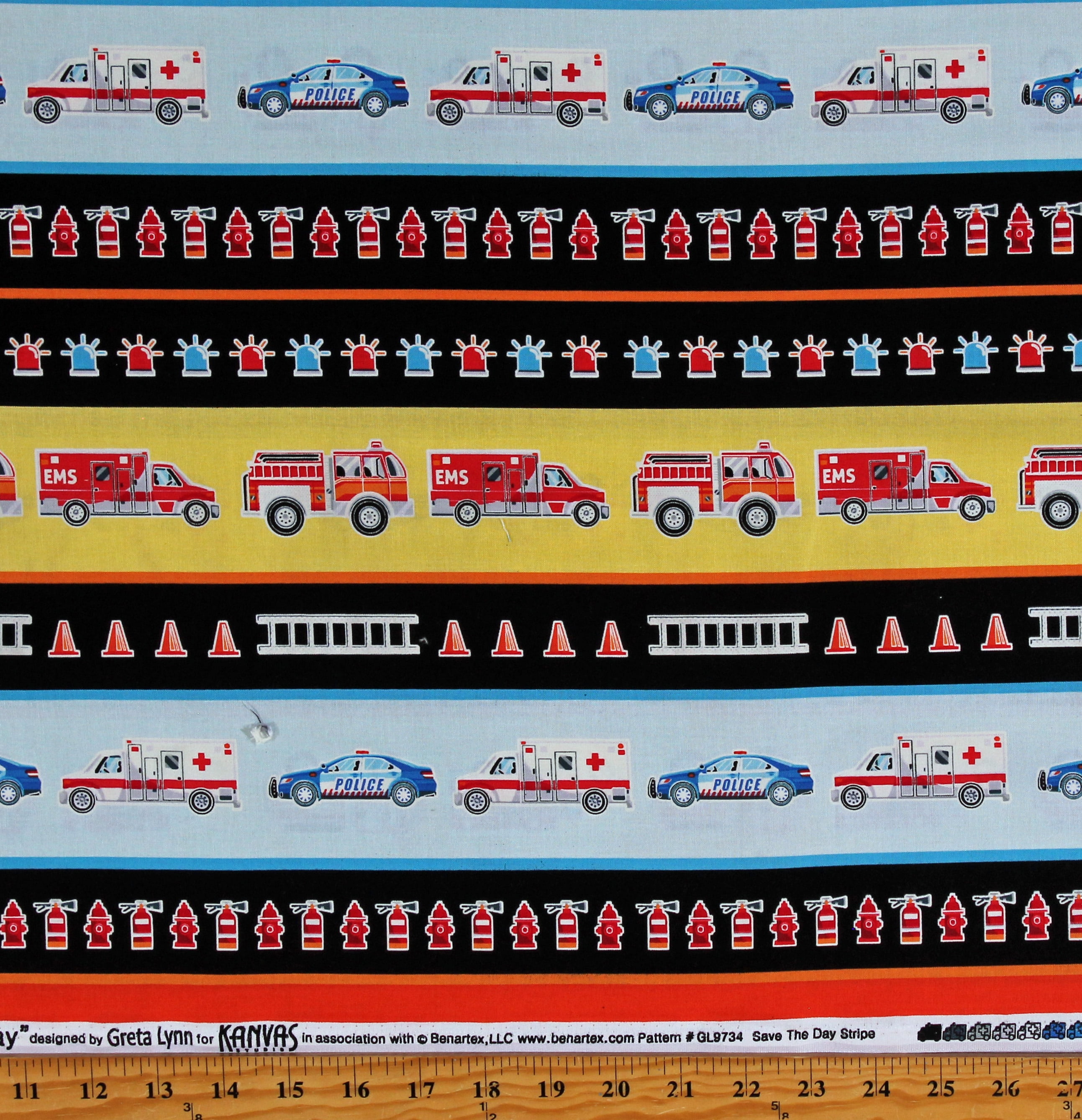 Cotton Emergency Vehicles Stripes Police Cars Firetrucks Ambulances EMT ...
