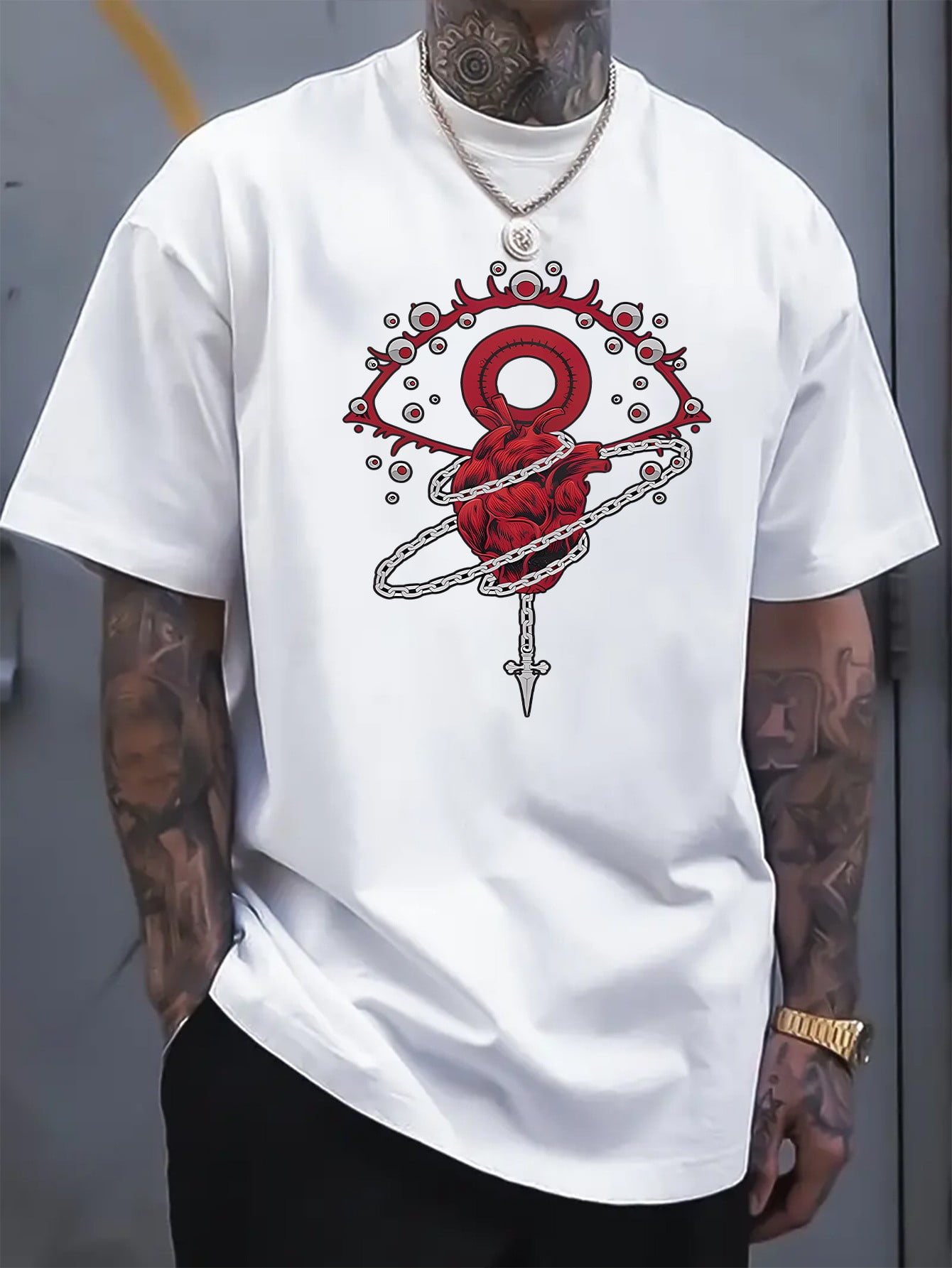 [Cotton Eye Chain Tee] Pure Cotton Eye, Heart And Chain Pattern T-shirt ...