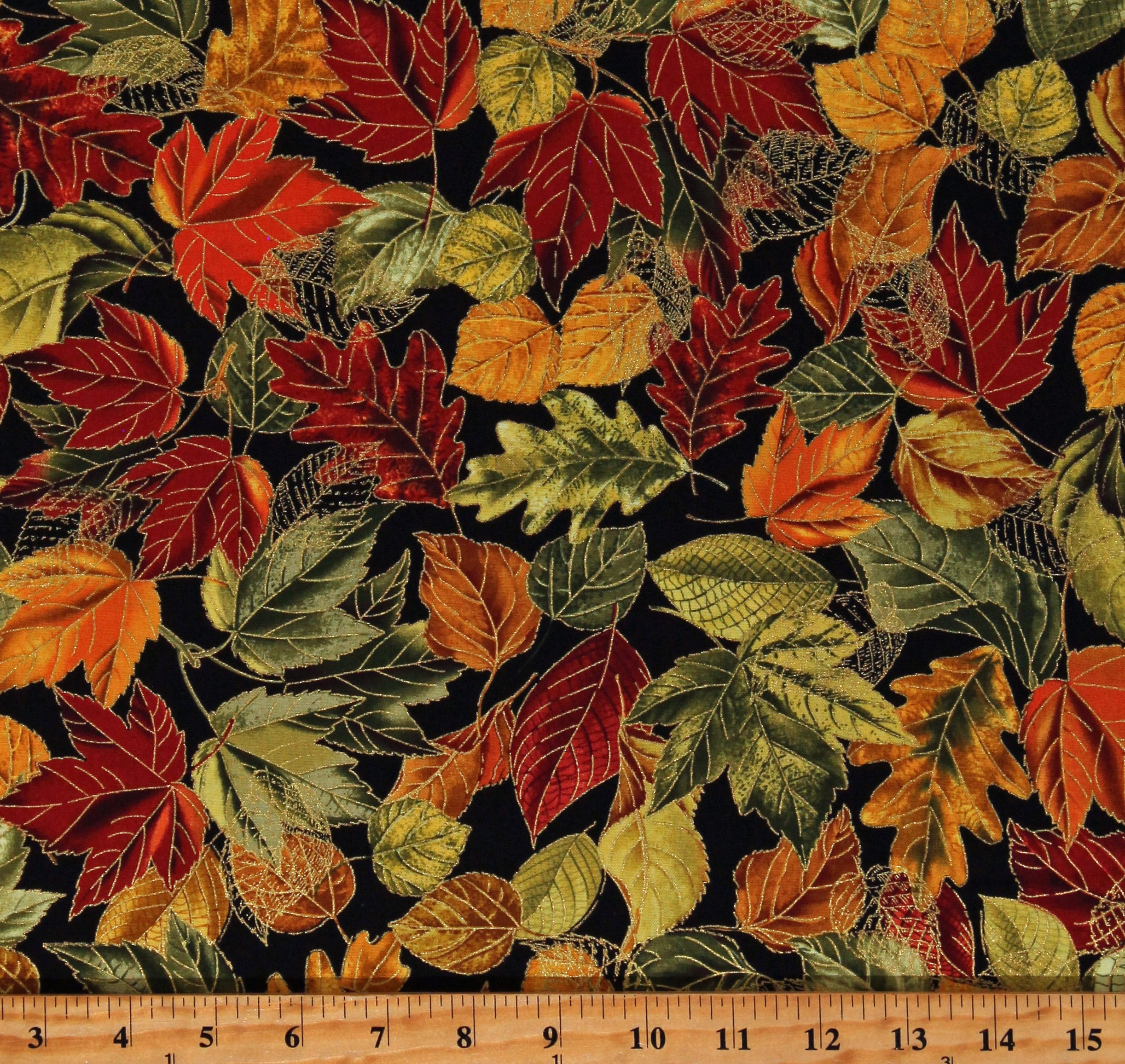 Cotton Fall Leaves Autumn Metallic Gold Accents Seasonal Cotton Fabric ...