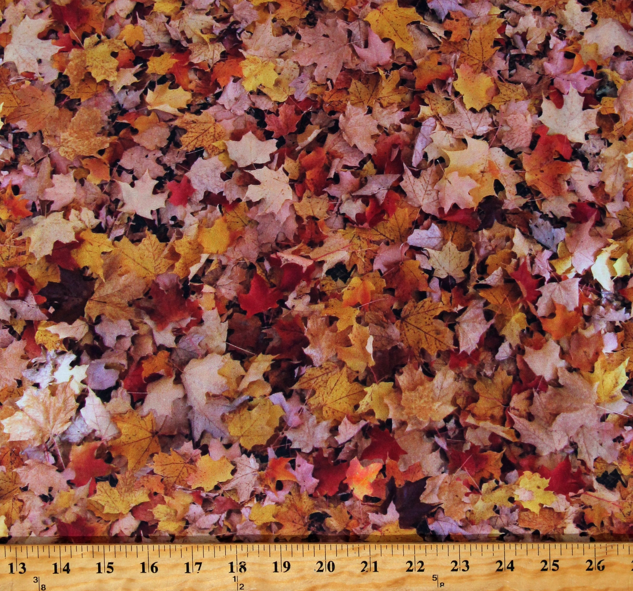 Cotton Fall Leaves Maple Leaf Autumnal Brown Gold Yellow Red Open Air Cotton Fabric Print by the ...