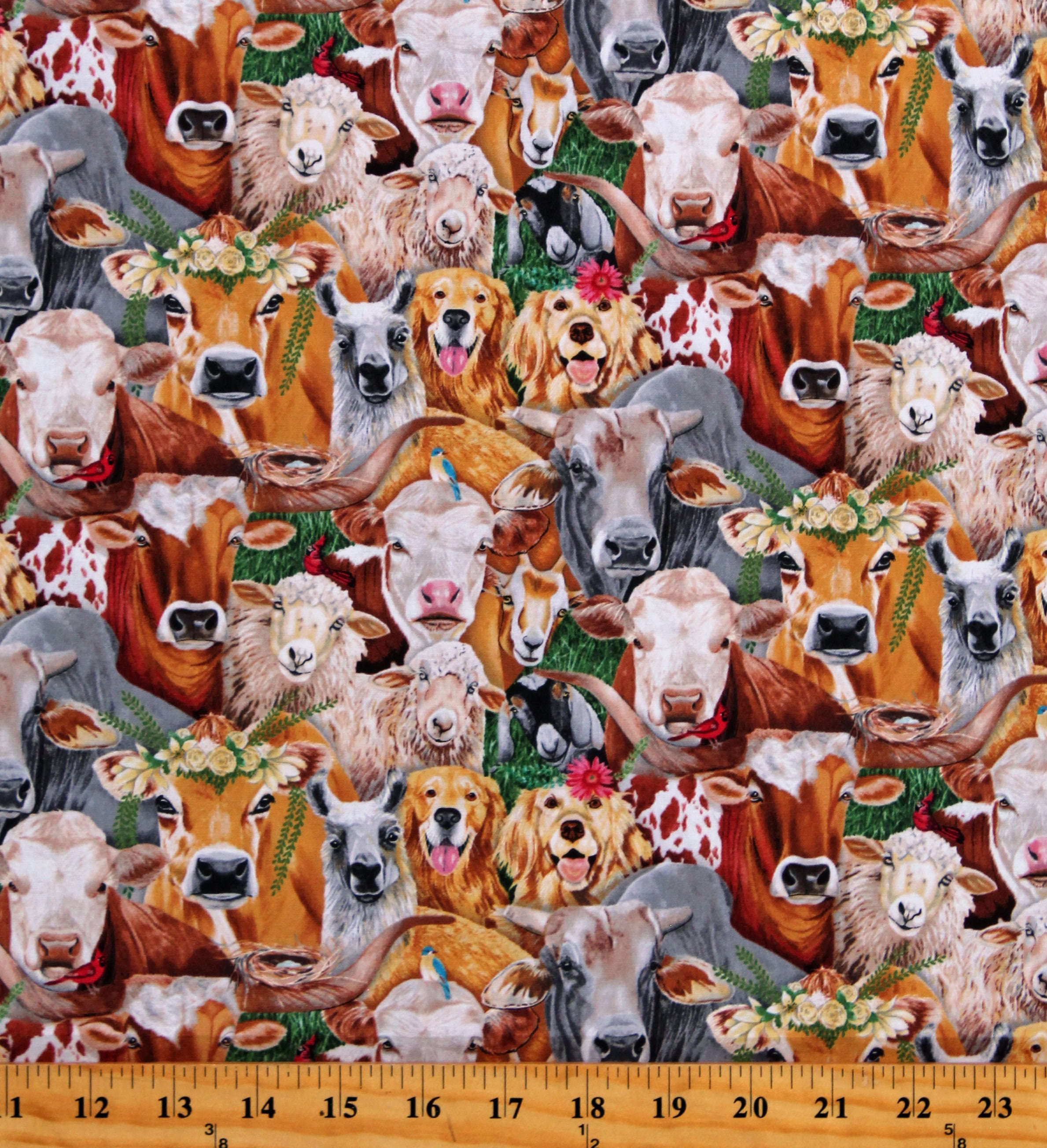 Cotton Farm Animals Cows Sheep Dogs Llamas Goats Faces Floral Happy ...