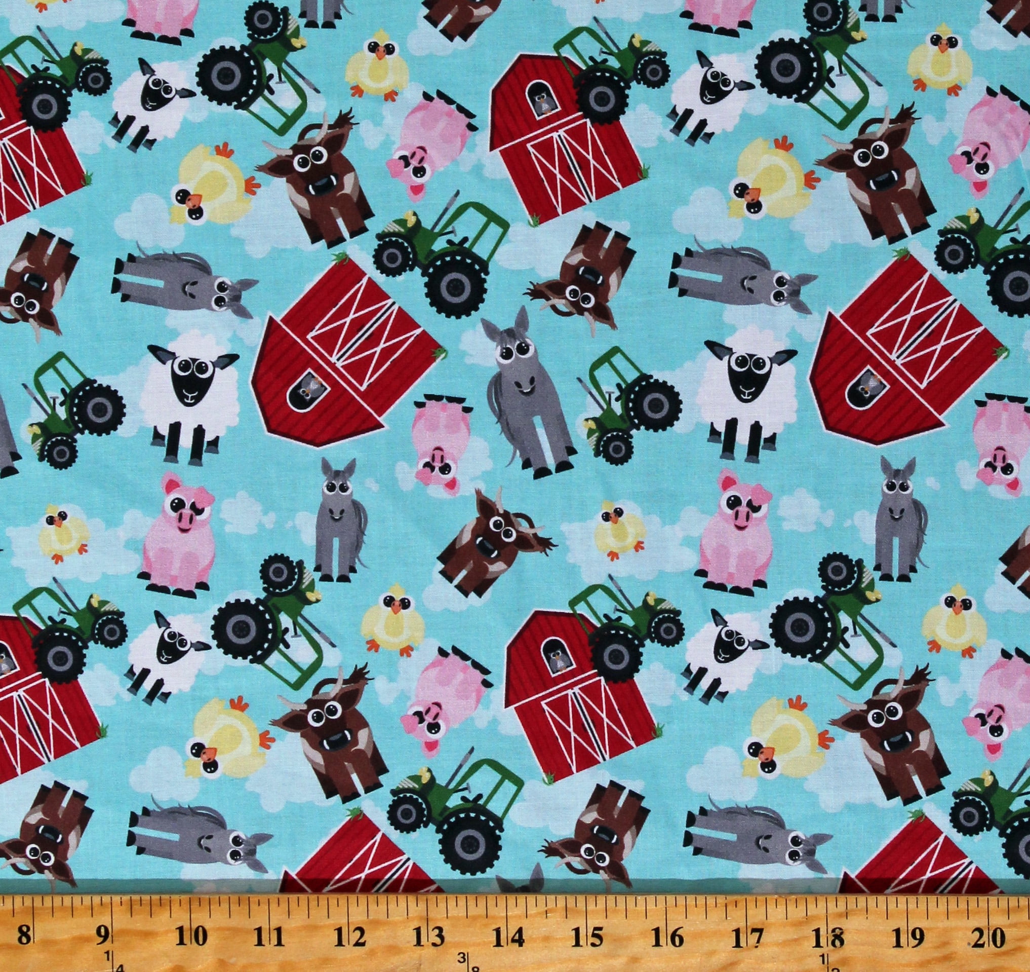 Cotton Farm Animals Tractors Barns The Barnyard Blue Kids Cotton Fabric ...