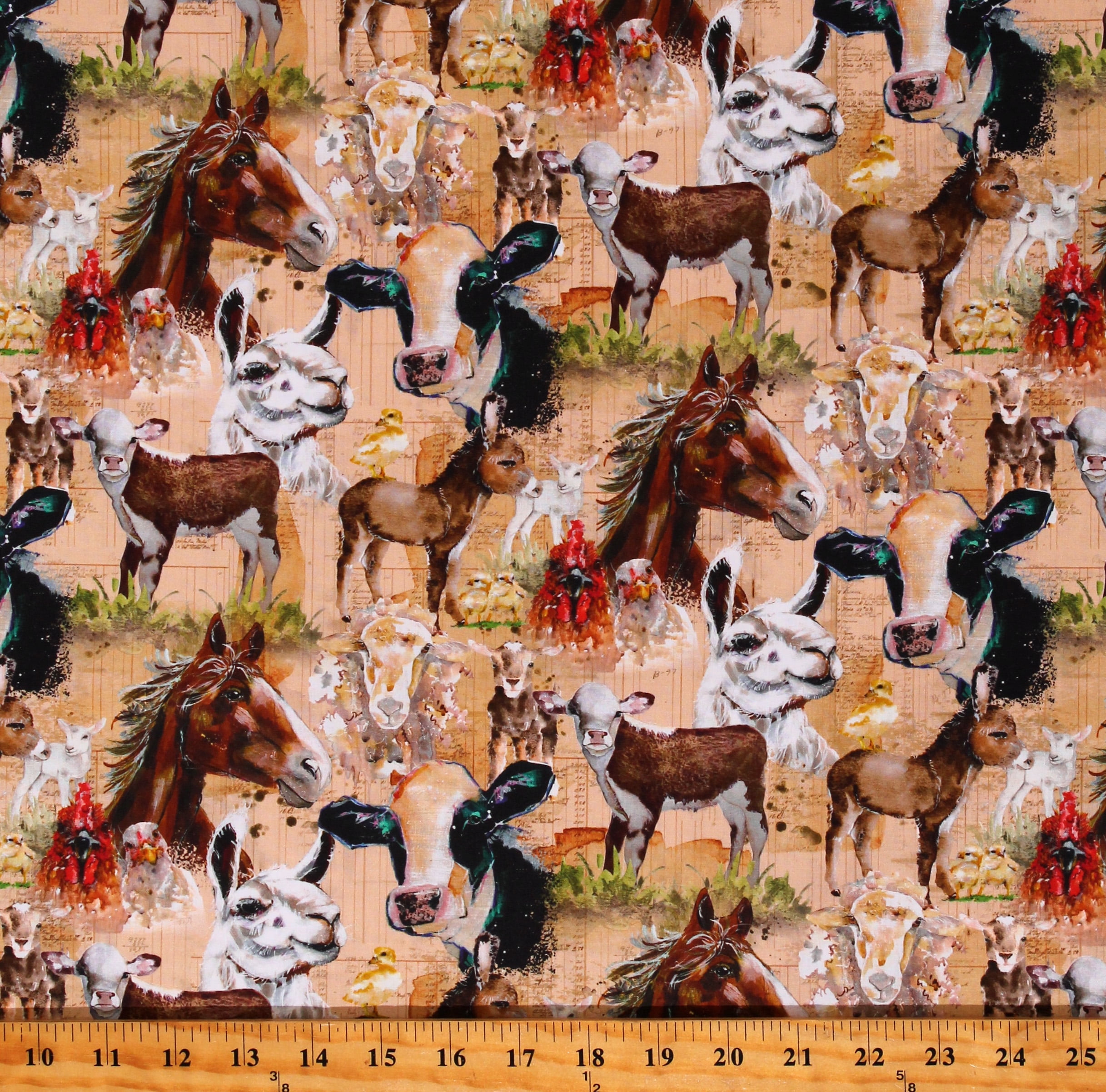 Cotton Farm Life Farm Animals Horses Cows Chickens Sheep Light Rust ...