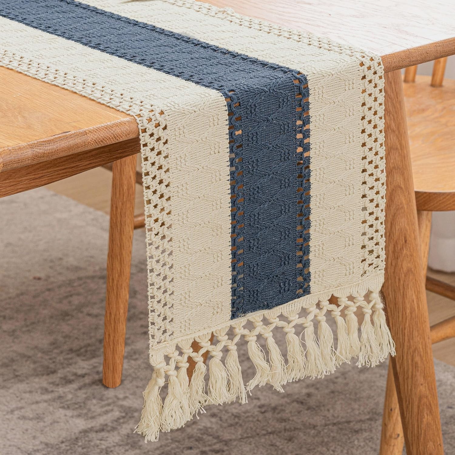 Cotton Farmhouse Table Runner with Tassels (90 Inches Long), Washable ...