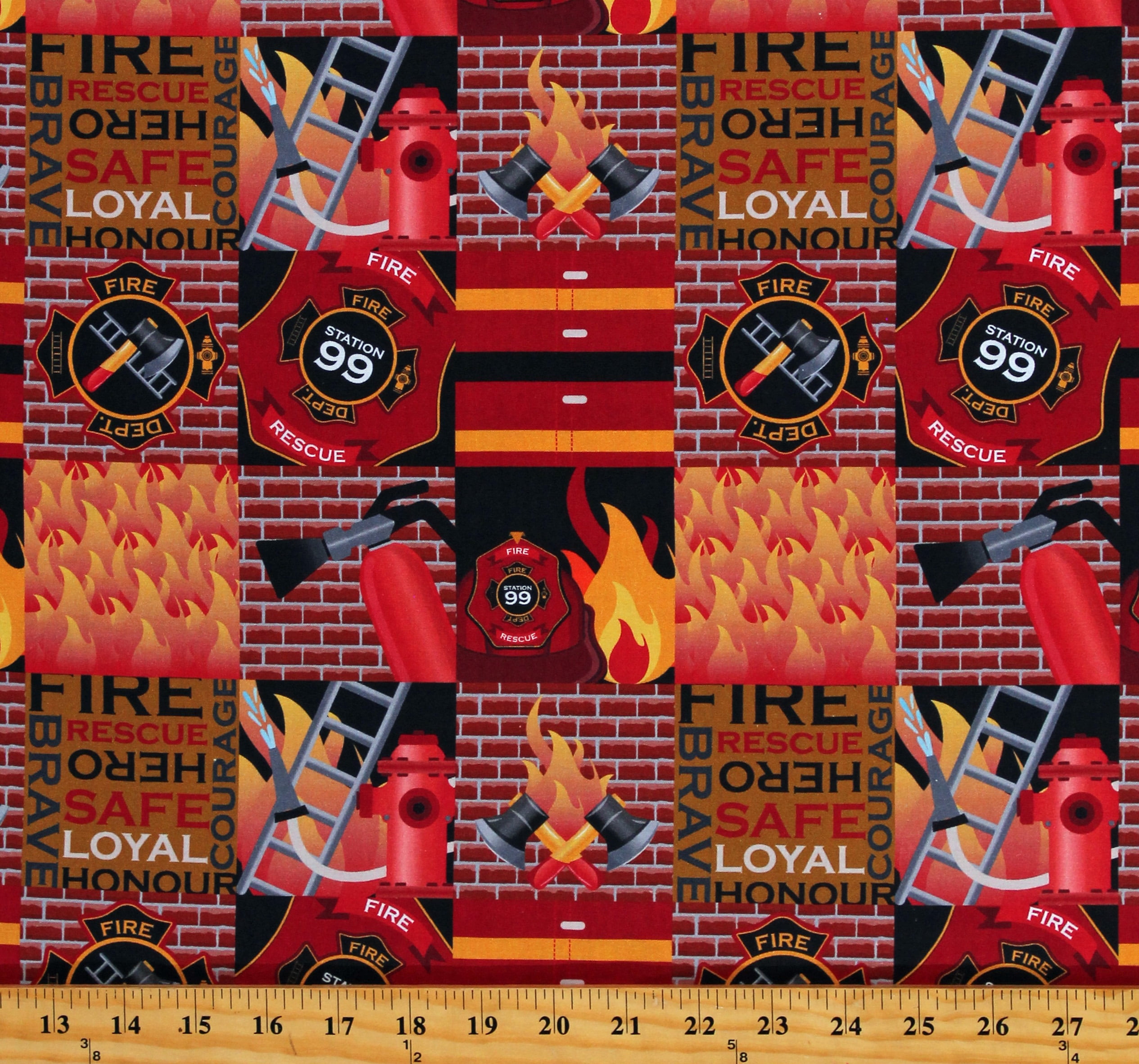 Cotton Firefighters Patchwork Fireman Fire Department Flames Squares ...