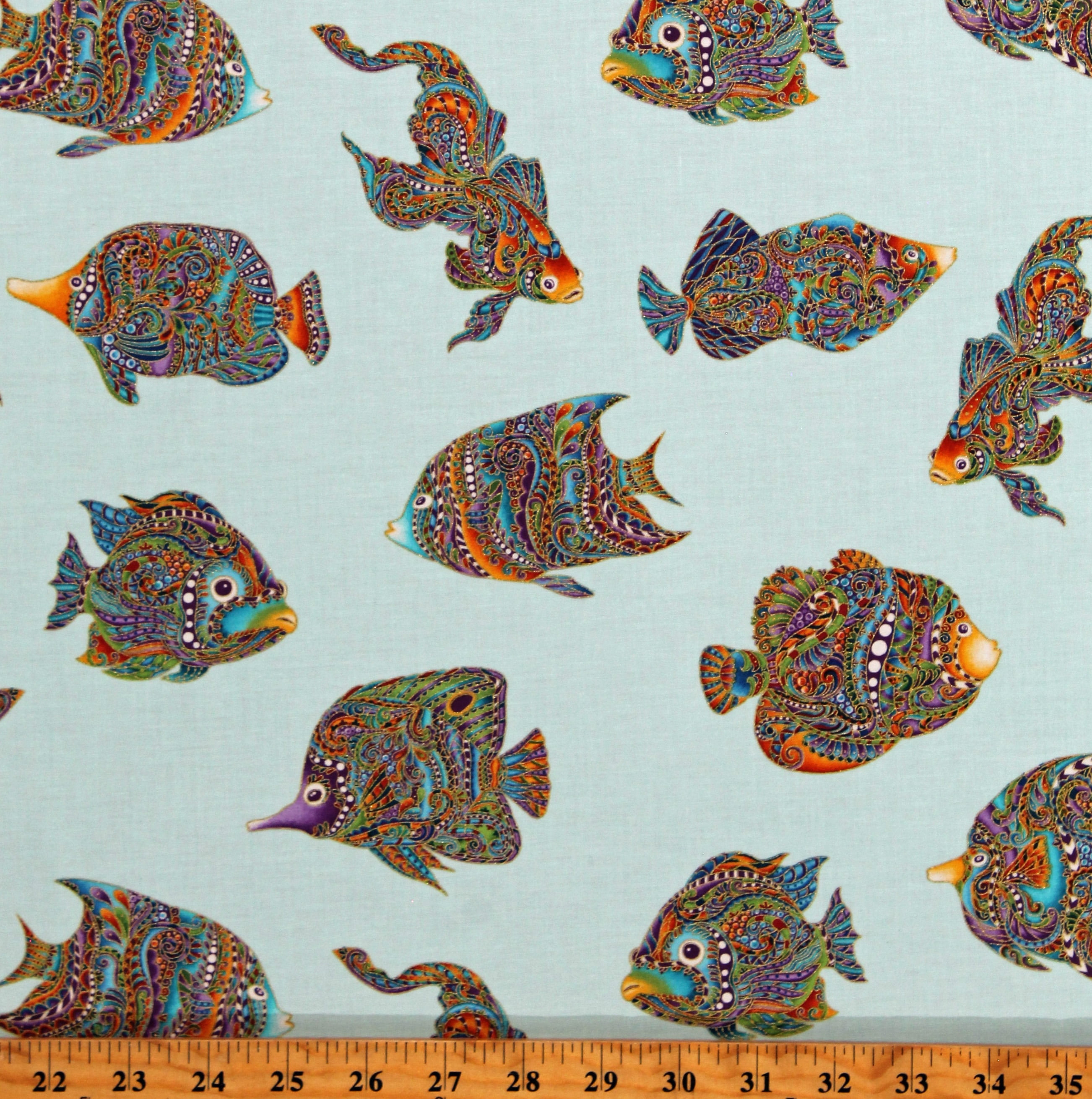 Cotton Fishes Ocean Animals Colorful Multi-Color Metallic Paisley ...