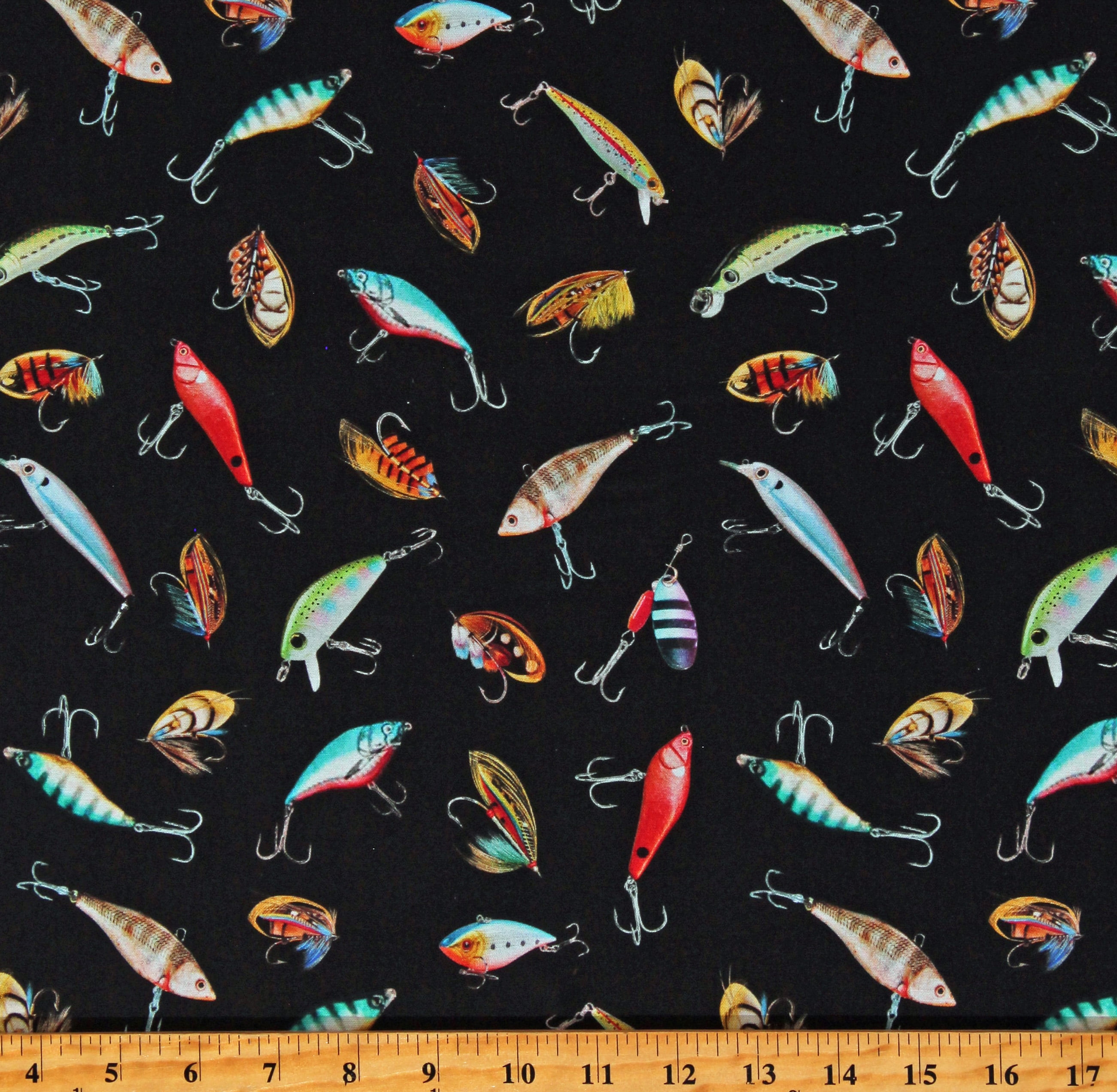 Cotton Fishing Lures Gear Bait and Tackle Black Cotton Fabric Print by ...