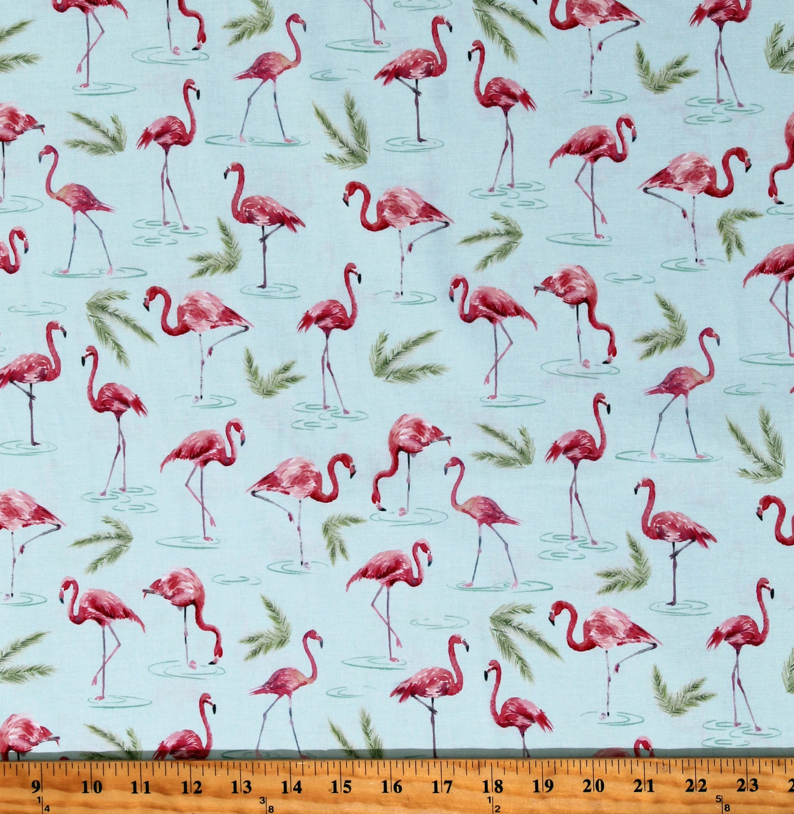 Cotton Flamingo Paradise Animals Birds Water Leaves Bushes Aqua Cotton ...