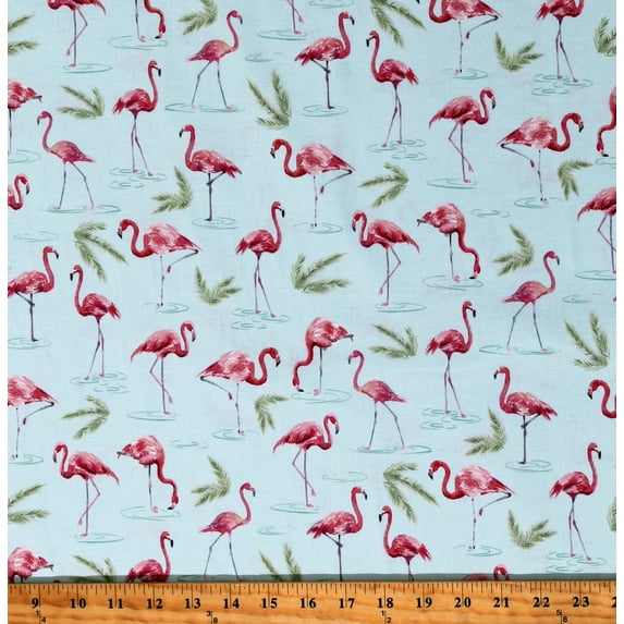 Cotton Flamingo Paradise Animals Birds Water Leaves Bushes Aqua Cotton ...