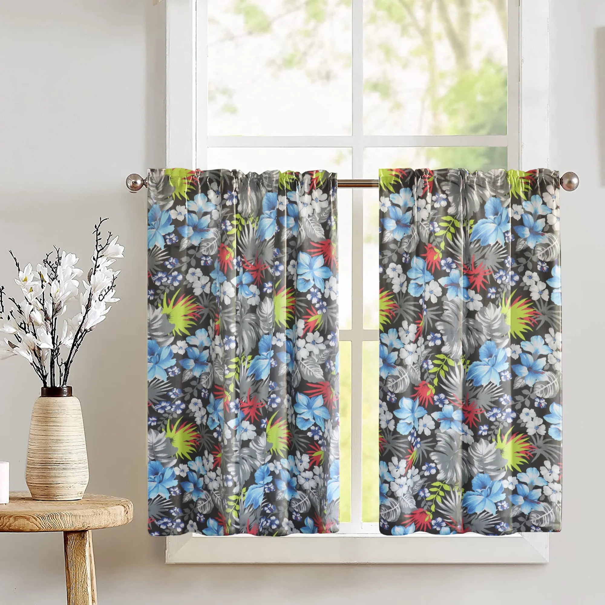 Cotton Floral Caf√© Tier Curtains, SETS, Hawaiian Tropical Print ...
