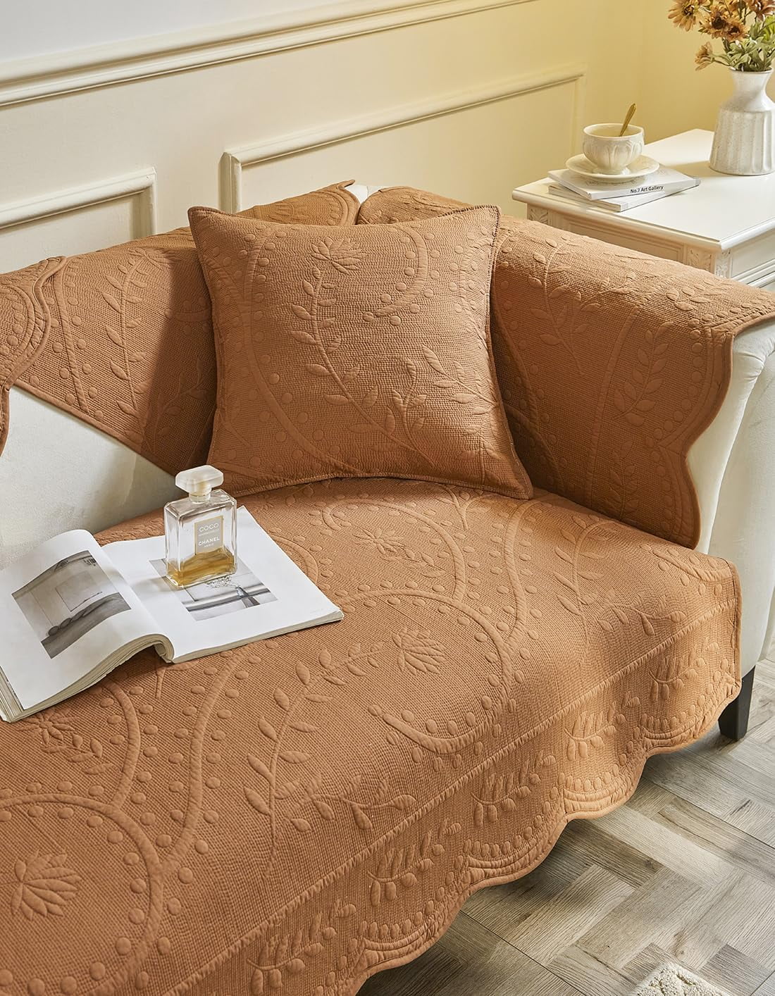 Cotton Floral Leaves Sofa Cover Quilted, Non Slip Slipcover for ...