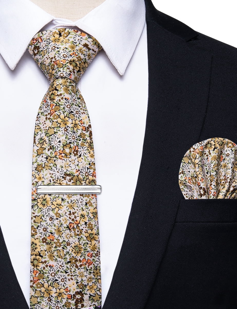 Cotton Floral Tie for Men 2.5" Printed Skinny Beige Necktie Pocket ...