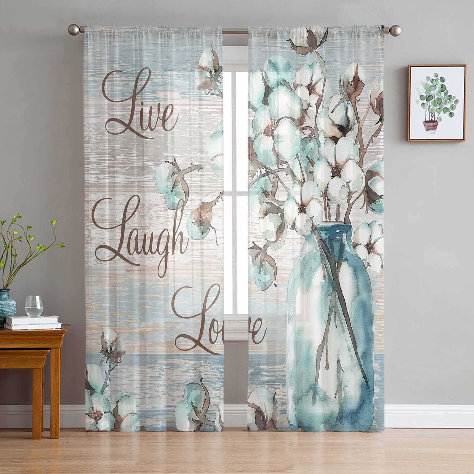 Cotton Flowers Retro Rural Blue Wood Grain Sheer Curtain Living Room ...