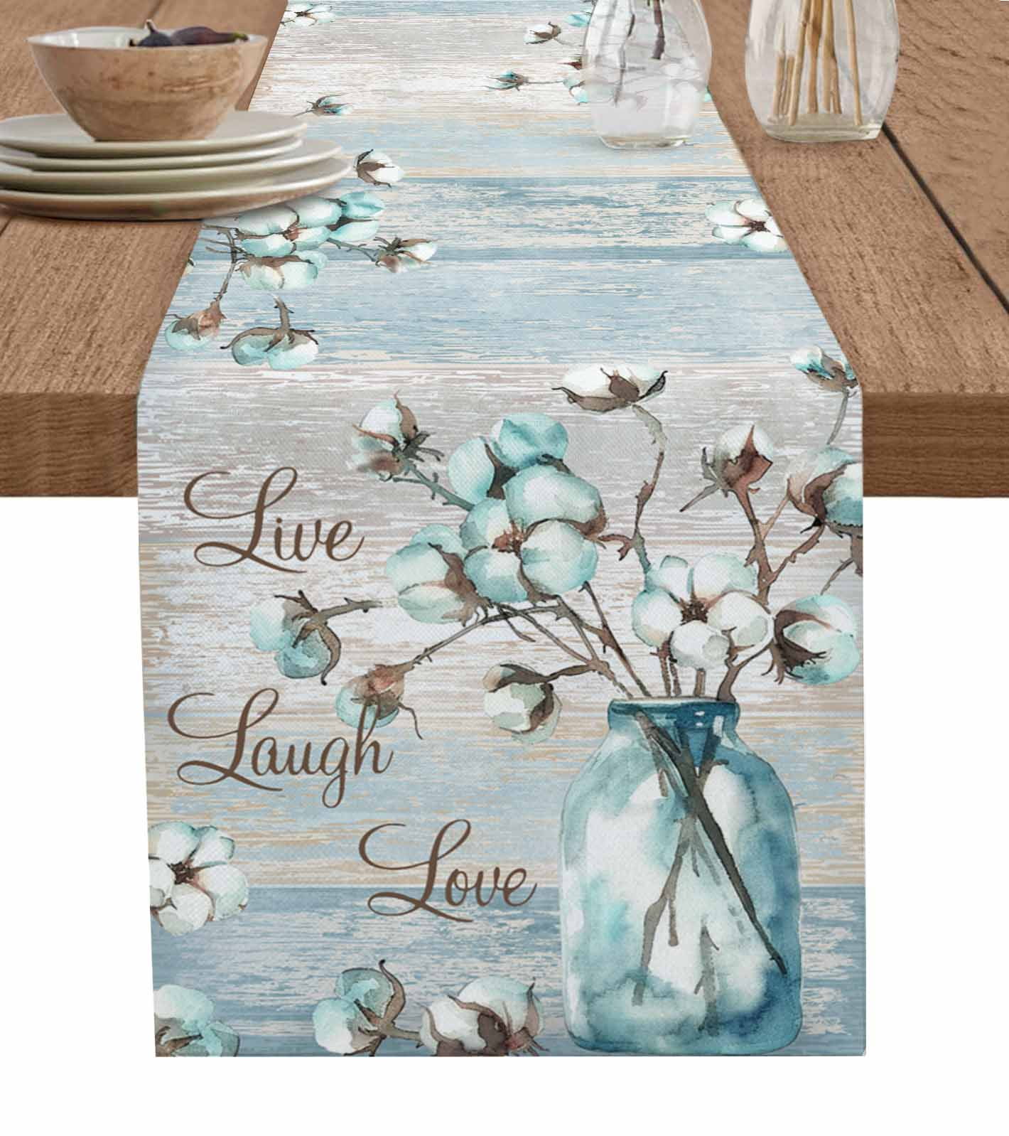 Cotton Flowers Retro Rural Blue Wood Grain Table Runner Wedding Table ...