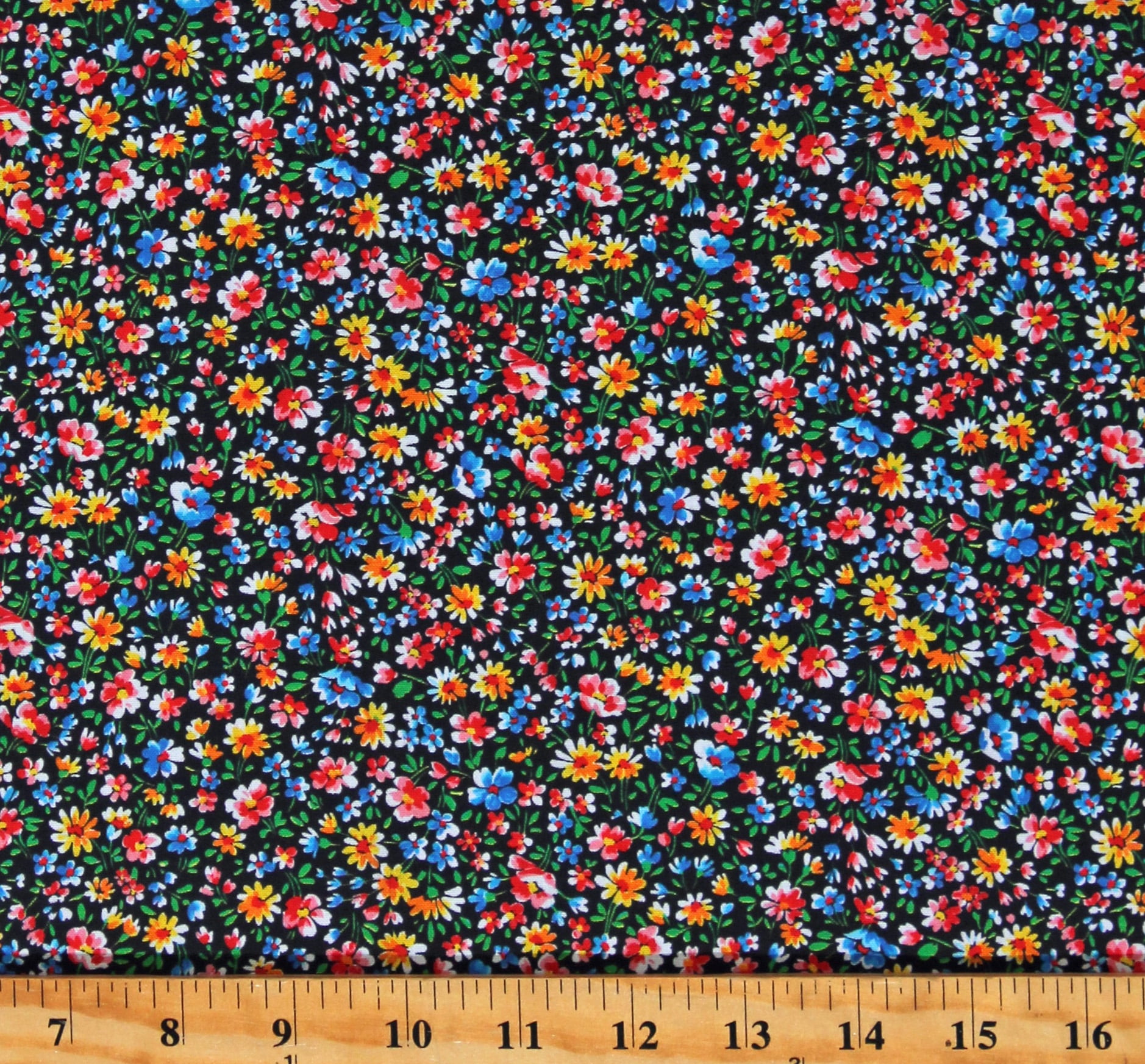 Cotton Flowers Tiny Small Scale Multi-Color Floral on Black Floral ...