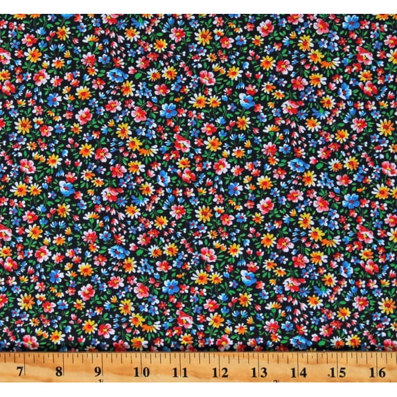 Cotton Flowers Tiny Small Scale Multi-Color Floral on Black Floral ...