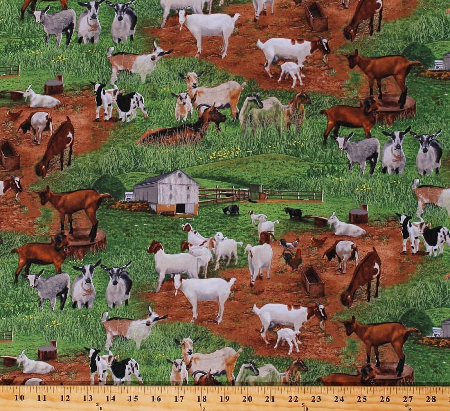 Cotton Goats Kids Barns Pastures Farm Animals Green Cotton Fabric Print ...