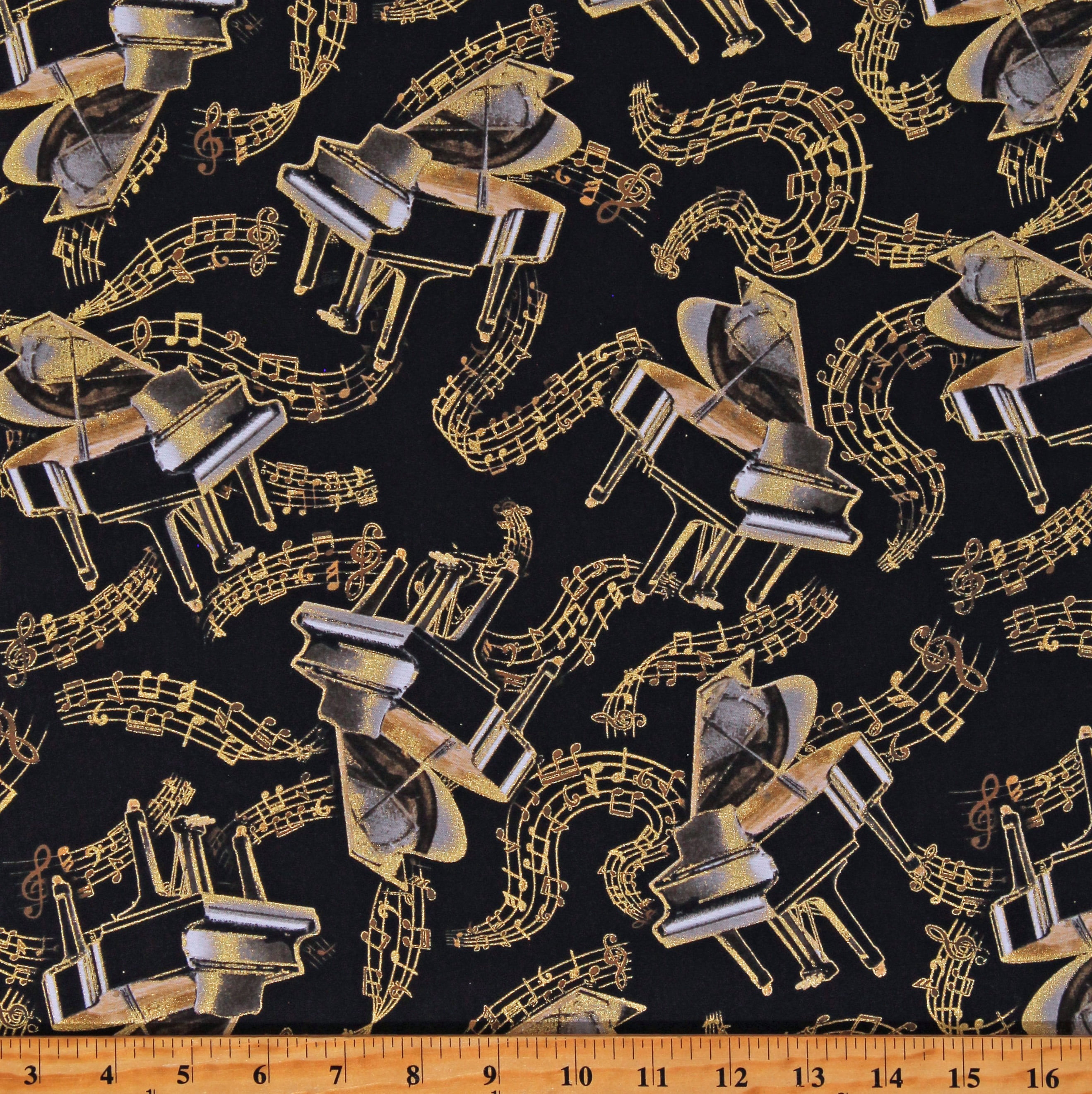 Cotton Grand Pianos & Music Notes Metallic Gold Accents on Black Cotton ...