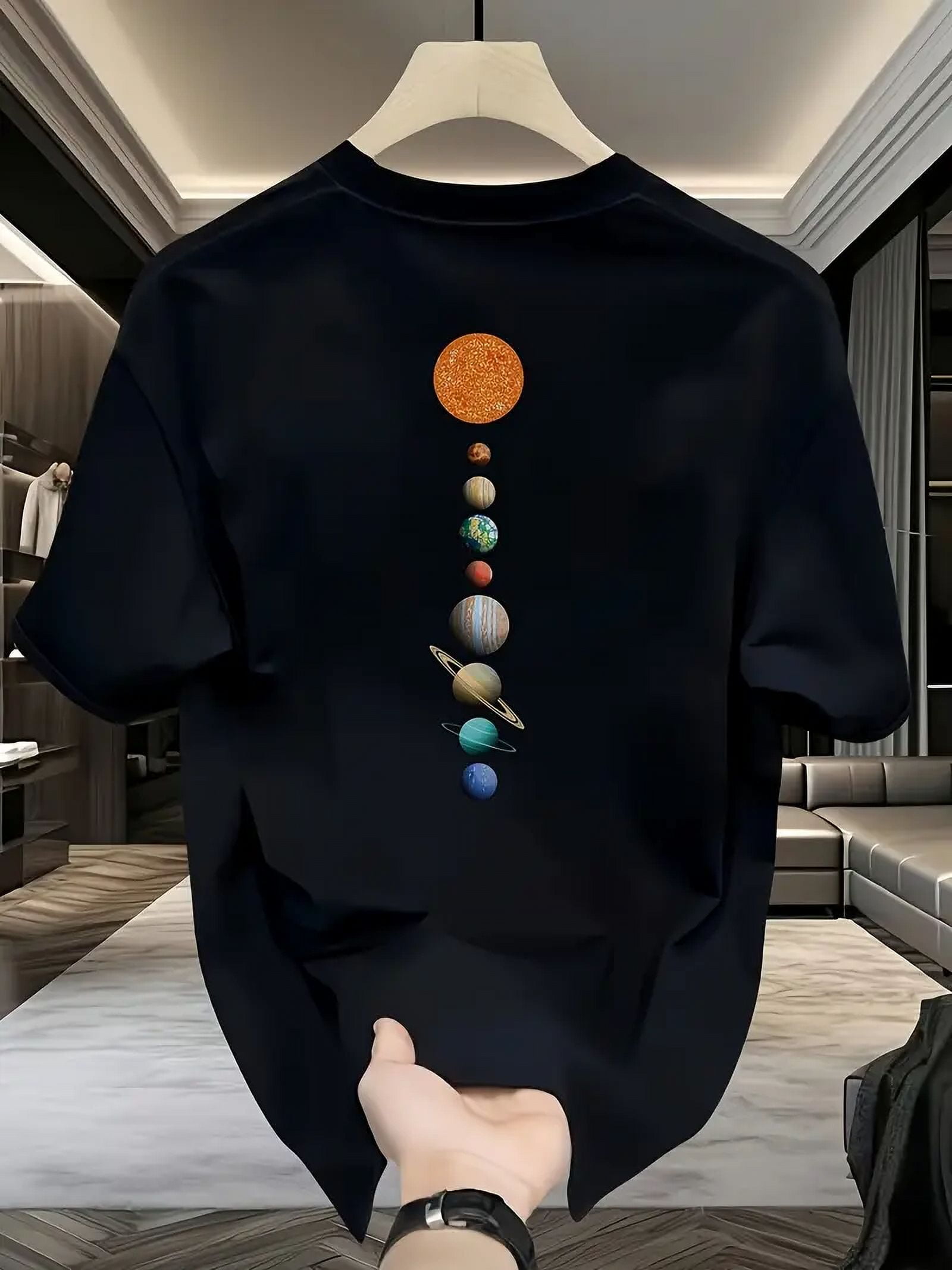 Cotton Graphic T-Shirt - Solar System Planet Print Casual Short Sleeve ...