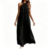 Cotton Halter Dress For Women Pleated Backless Maxi Cami Dresses Summer ...
