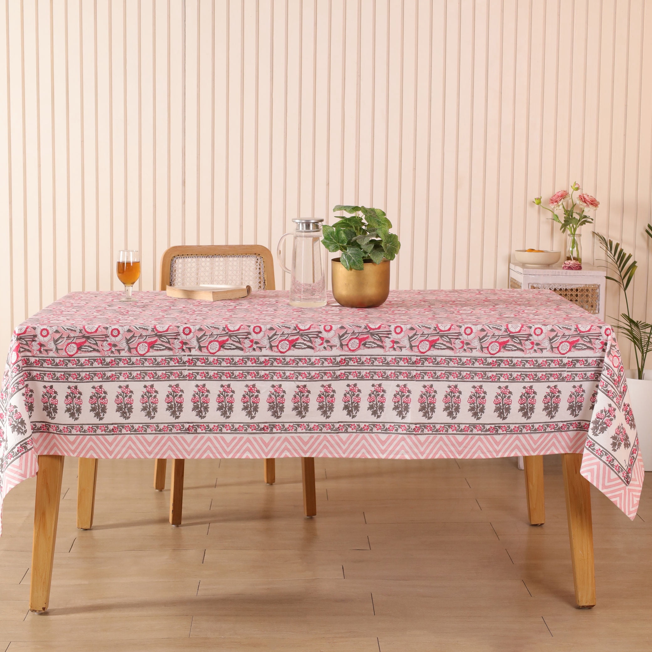 Cotton Hanblock Pink Floral Dining Table Cover – Hand Block Printed ...