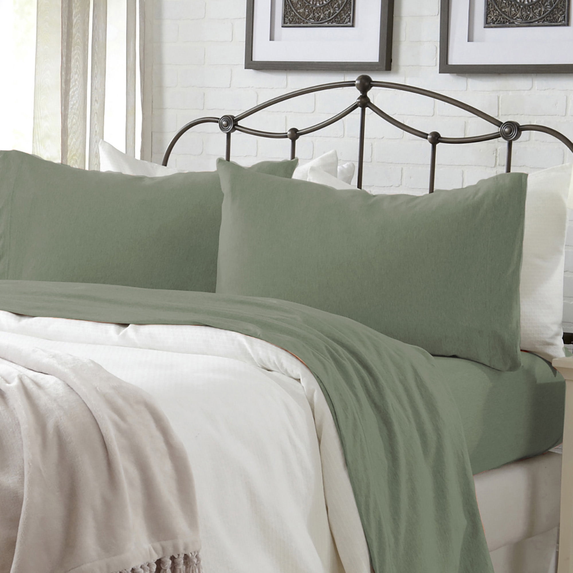Cotton Heathered Melange Jersey Knit Queen Bed Sheet Set, Queen, 4 ...