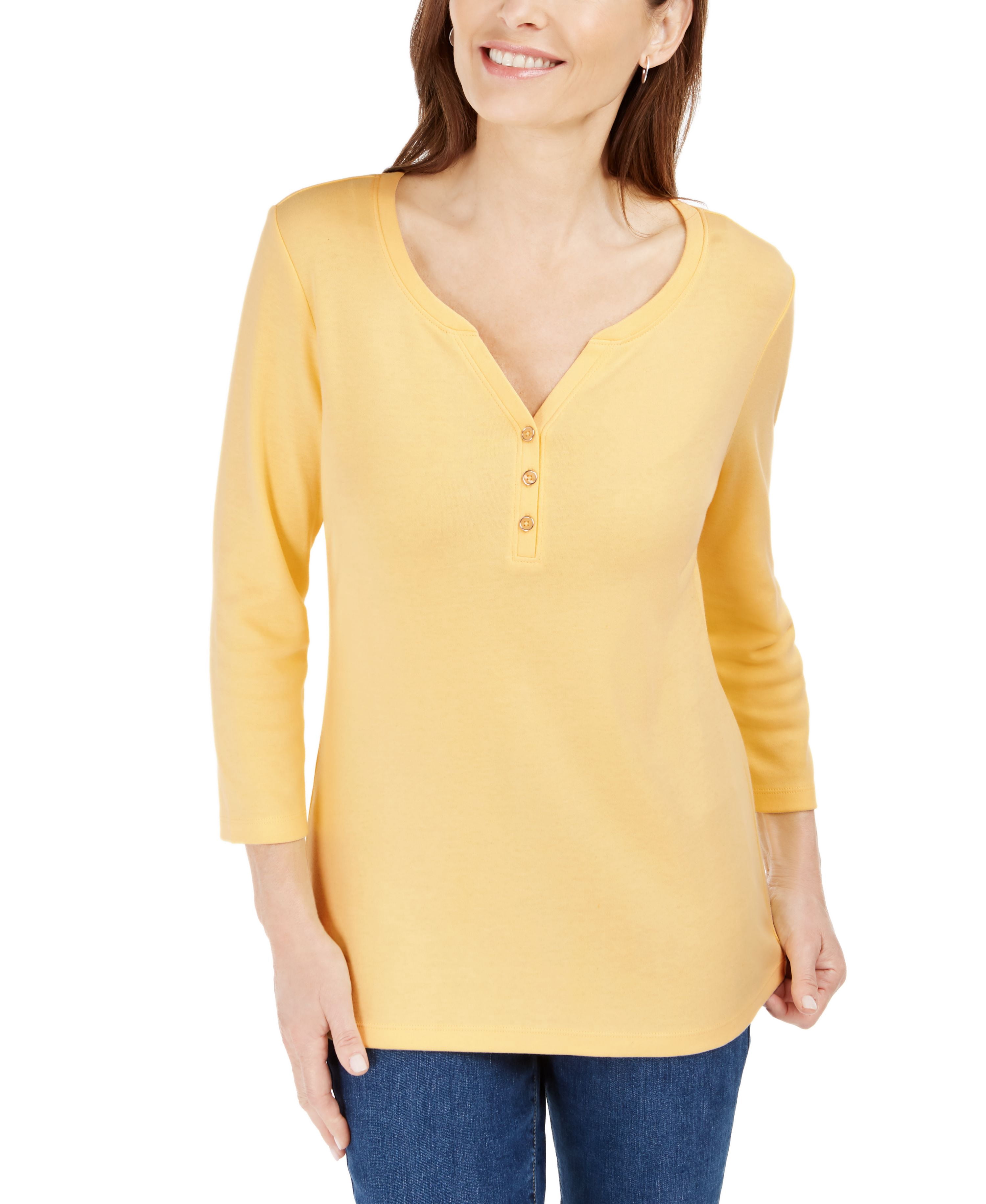 Cotton Henley V-Neck Top Citron Aura L - Walmart.com