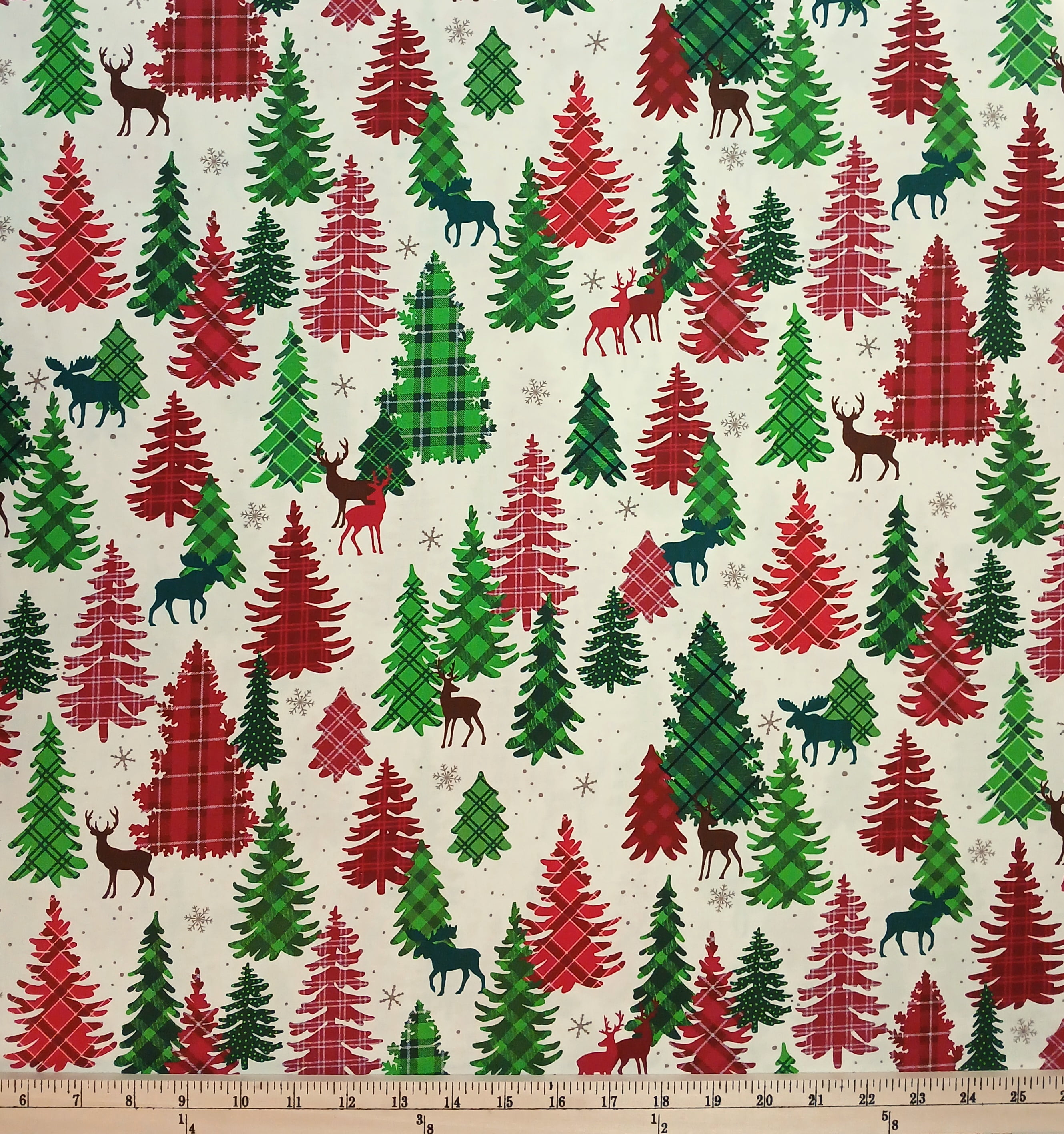 Cotton Holiday Farmhouse Plaid Forest Trees Pines Deer Winter Snow ...