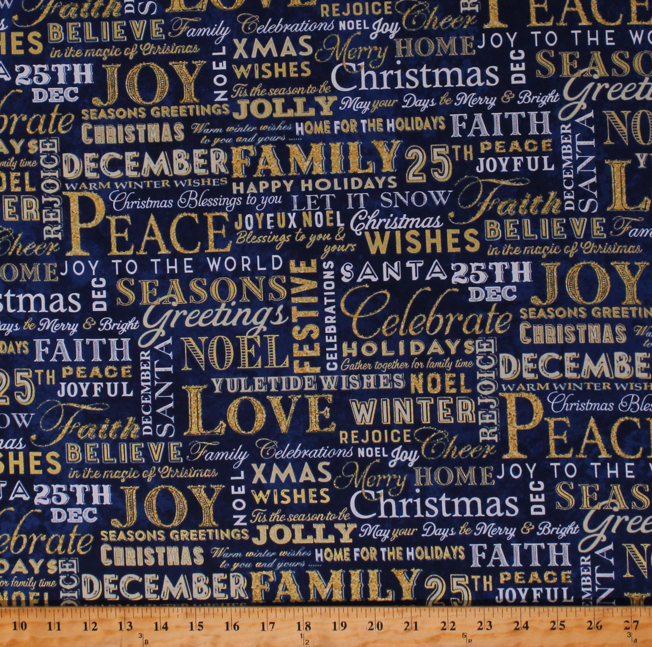 Cotton Holiday Greetings Words Winter Festive Gold Metallic on Blue ...