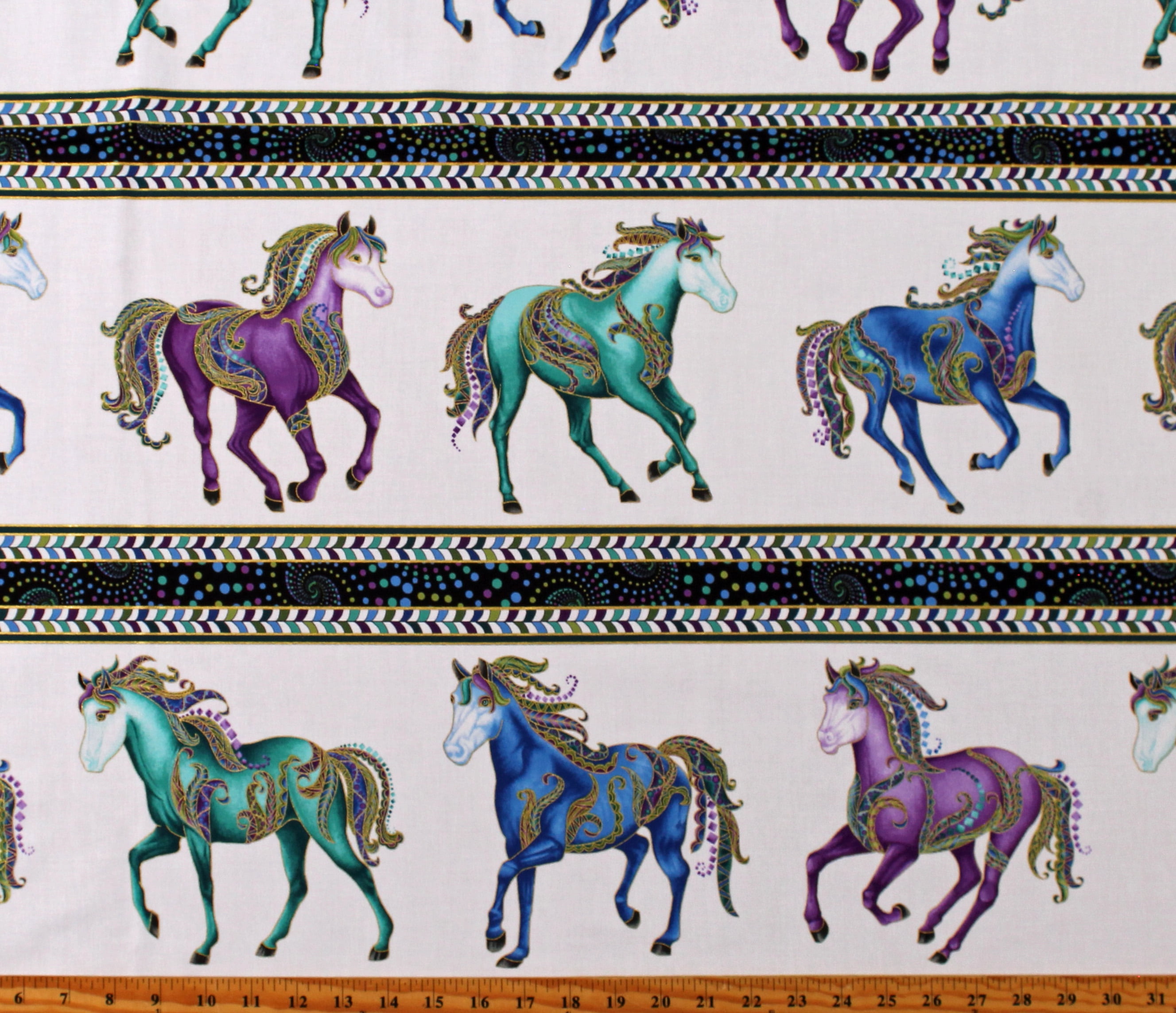 Cotton Horses Colorful Multi-Color Animals Gold Metallic Horsen Around ...