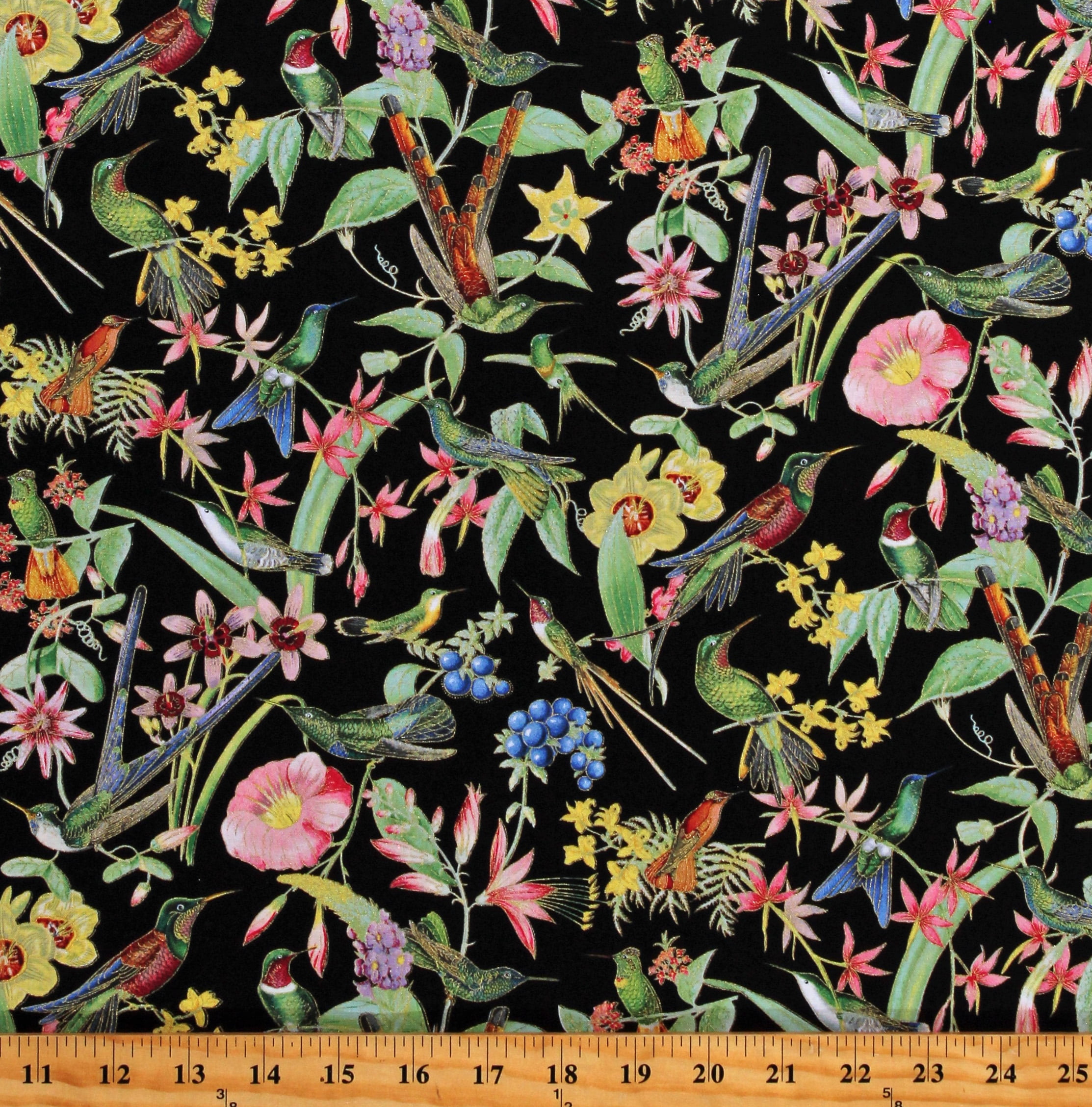 Cotton Hummingbirds Flowers Floral Gold Metallic Hummingbird Heaven ...