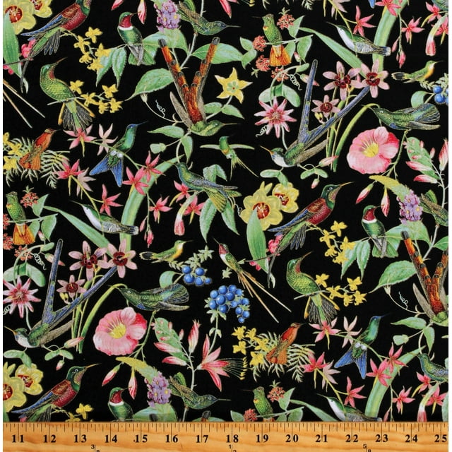 Cotton Hummingbirds Flowers Floral Gold Metallic Hummingbird Heaven ...