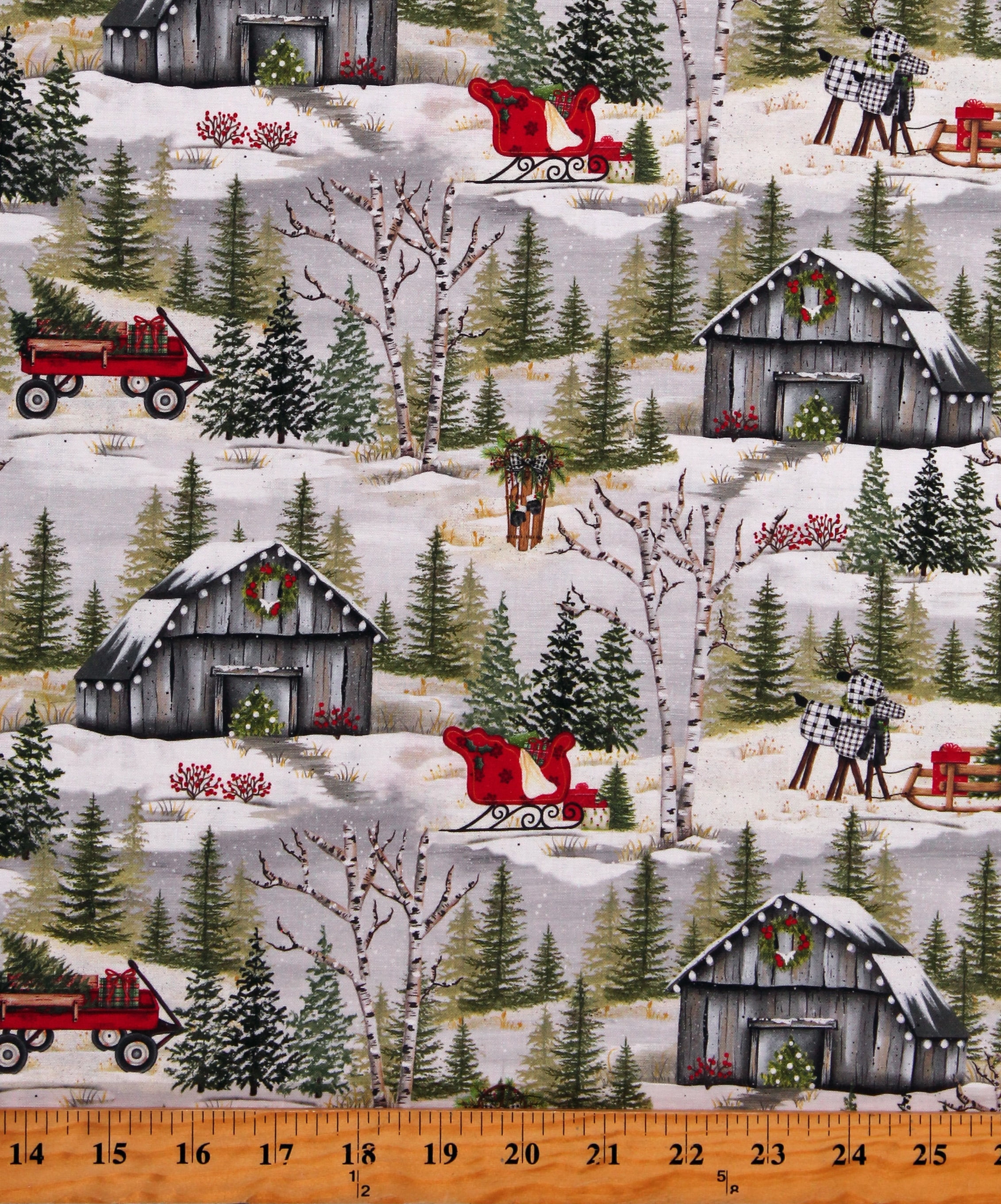 Cotton It's Christmas Time Winter Scenic Barns Sleds Sleighs Red Wagons ...
