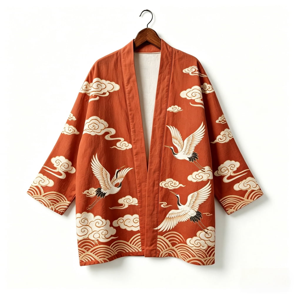 Cotton Japanese Kimono Robe for Women Men Clouds Crane Print Yukata ...