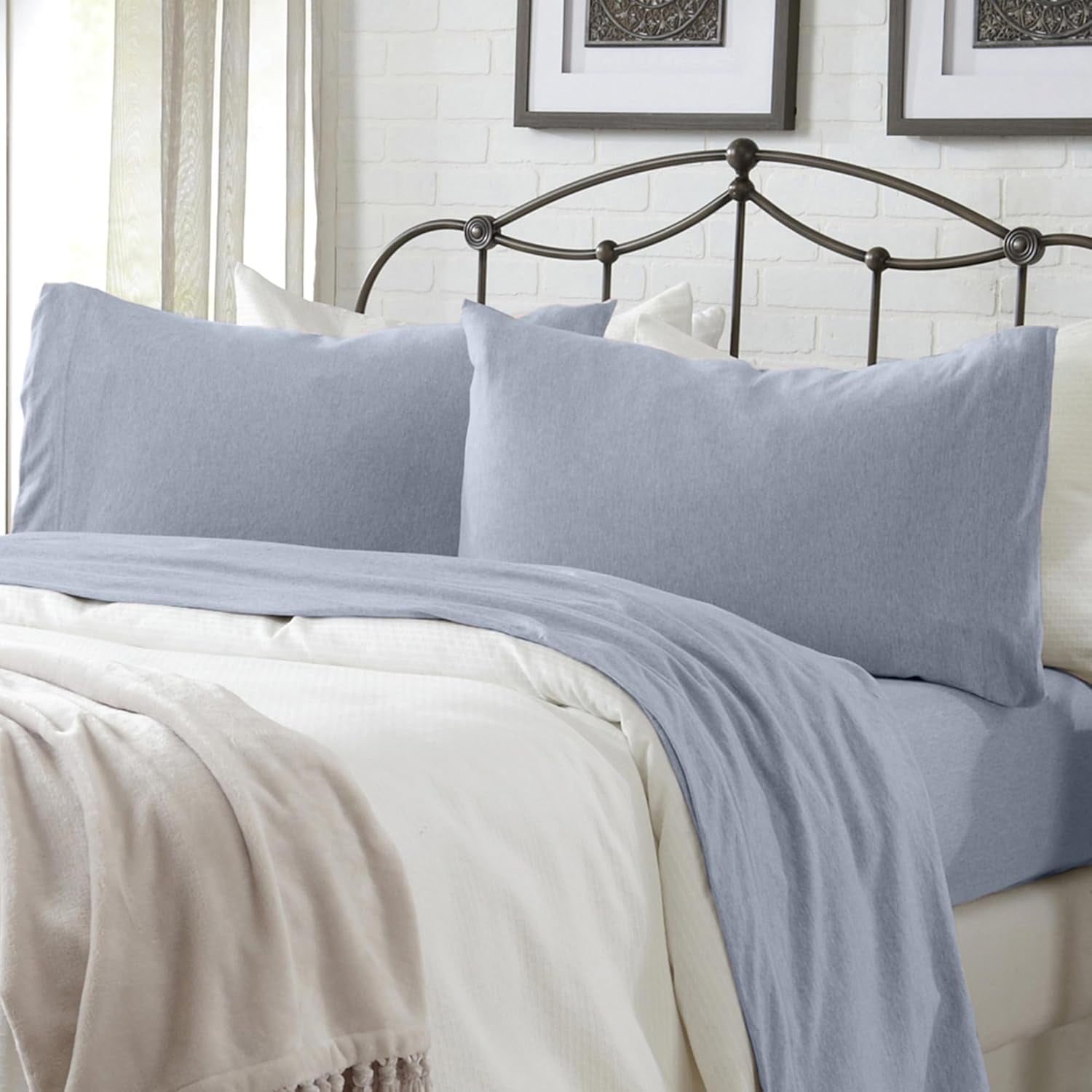 Cotton Jersey Knit Full Sheet Set - Ultra-Soft, Stretchy, Heathered Melange Sky Blue Bed Sheets ...