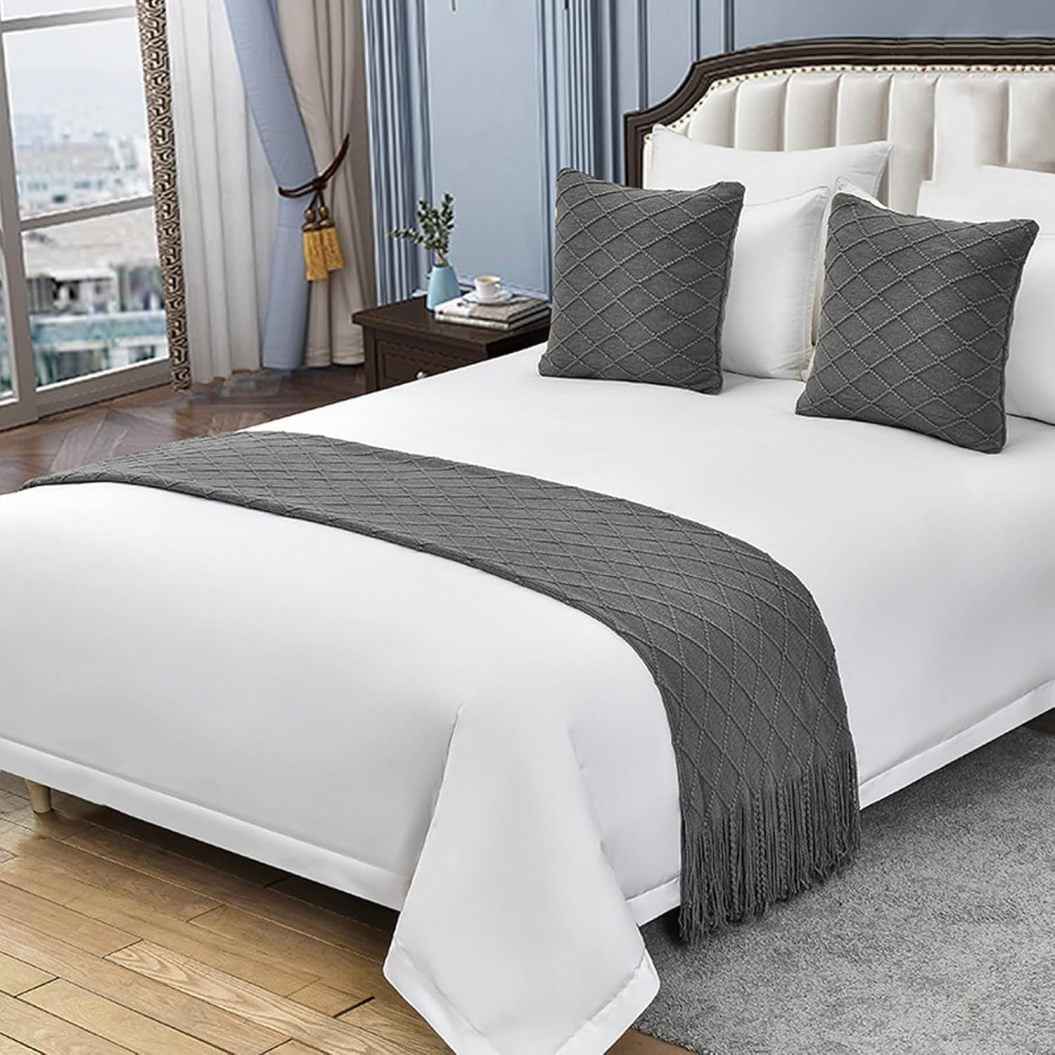 Cotton Knit Bed Runner,knitted Throw Blanket With Tassel,decorative Bedding Scarf Cover,solid ...