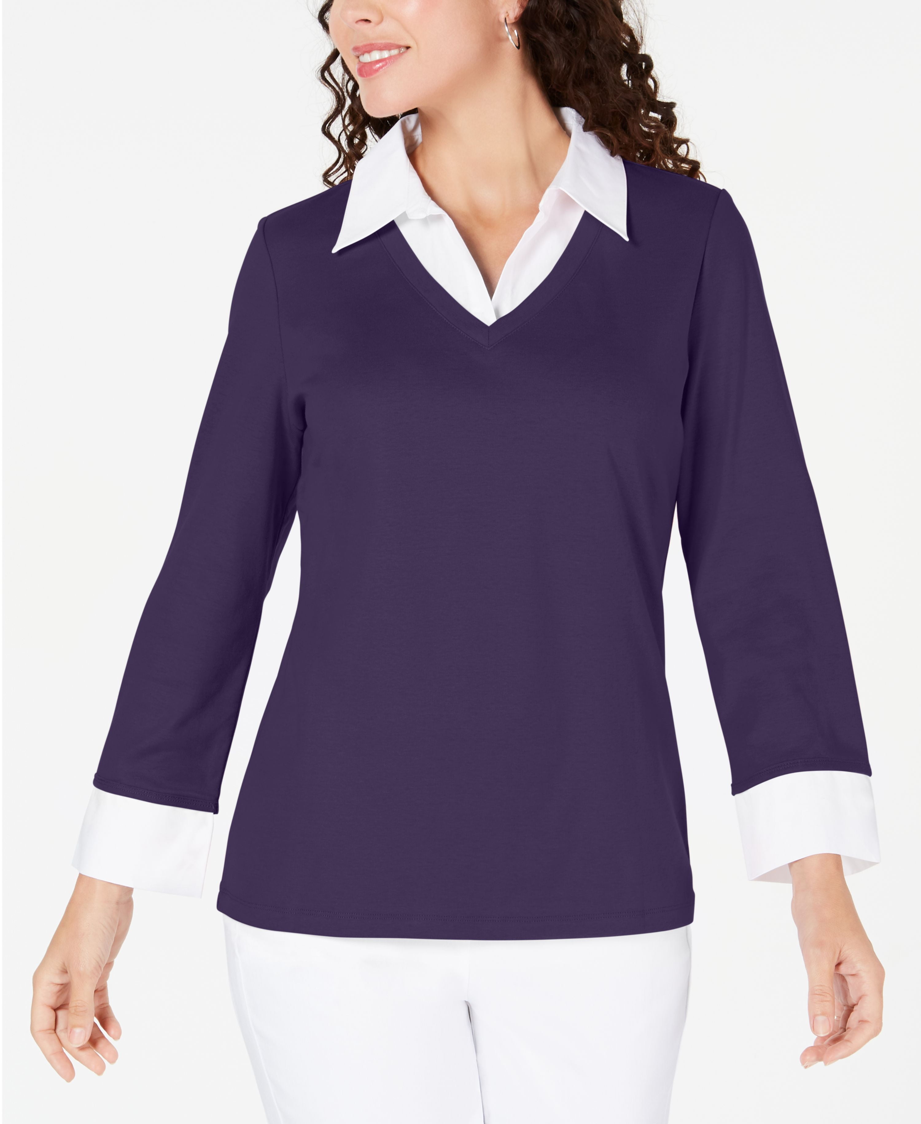 Cotton Layered-Look Woven Top Cassis M - Walmart.com