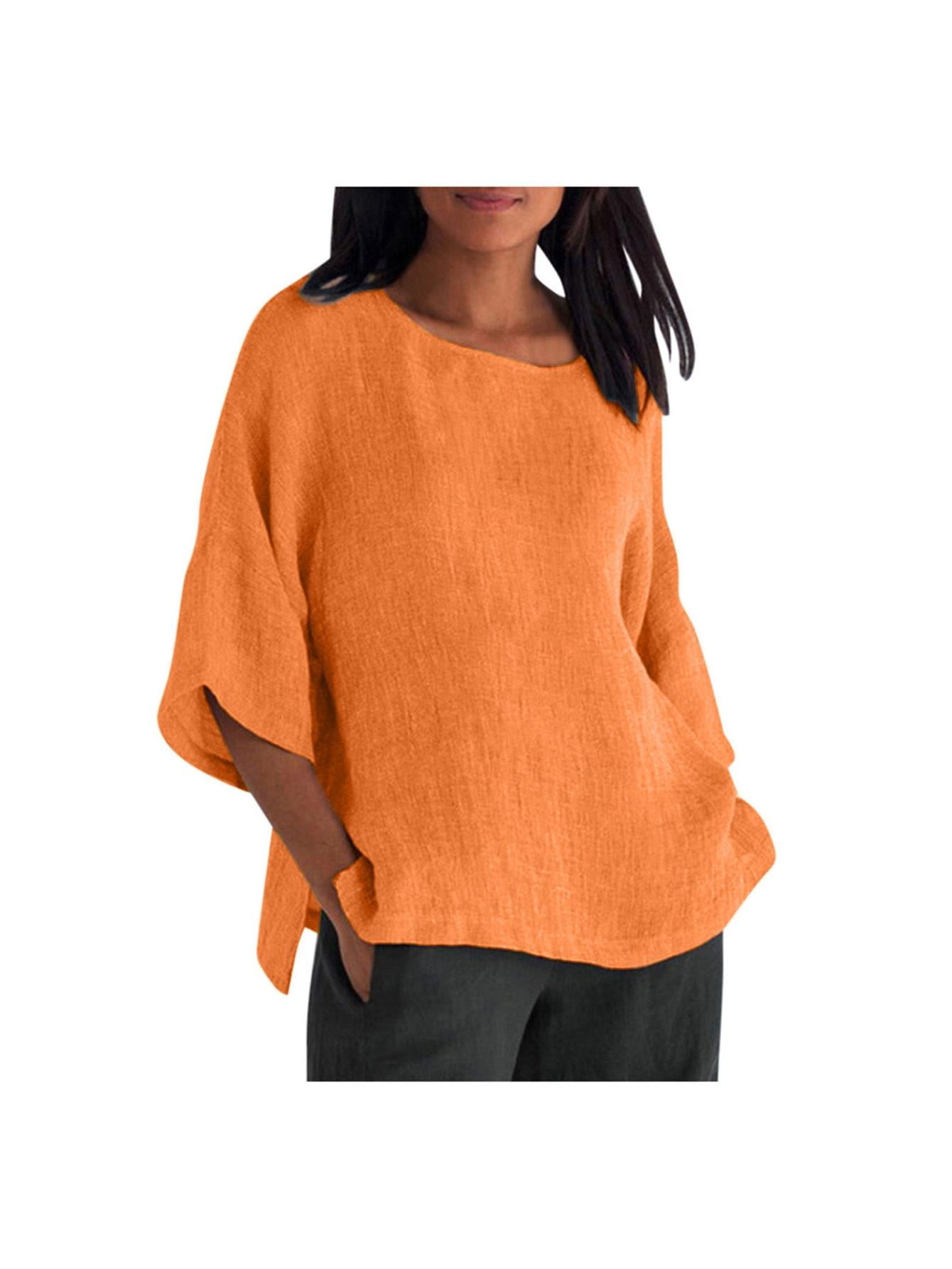 Cotton Lien Shirts For Women Squaer Neck 3/4 Sleeve Solid Color Tops ...
