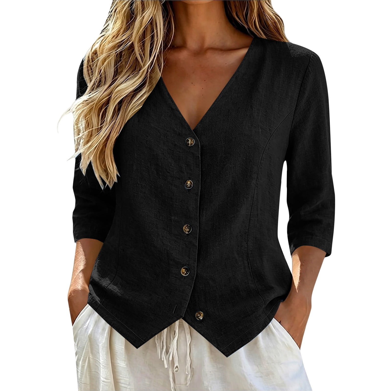 Cotton Linen 3/4 Sleeve V Neck Button Down Blazer Waistcoat Jacket ...