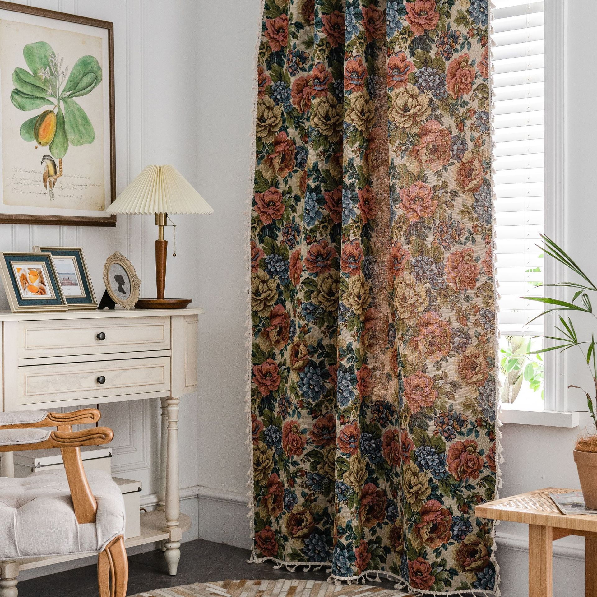 Cotton Linen American Style Curtains Vintage Rose Jacquard Tassel ...