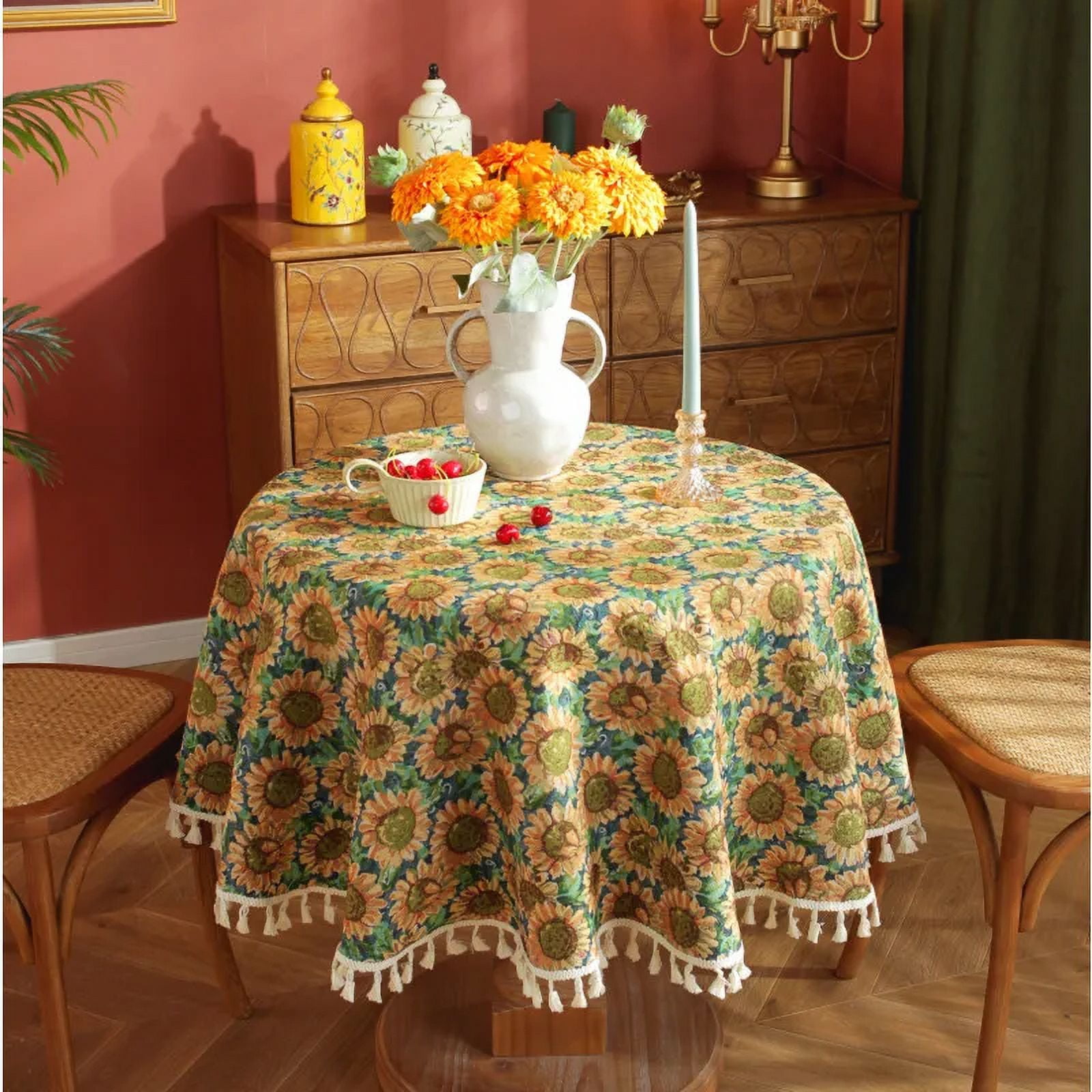 Cotton Linen American Vintage Jacquard Rose Round Table Cloth Fabric ...