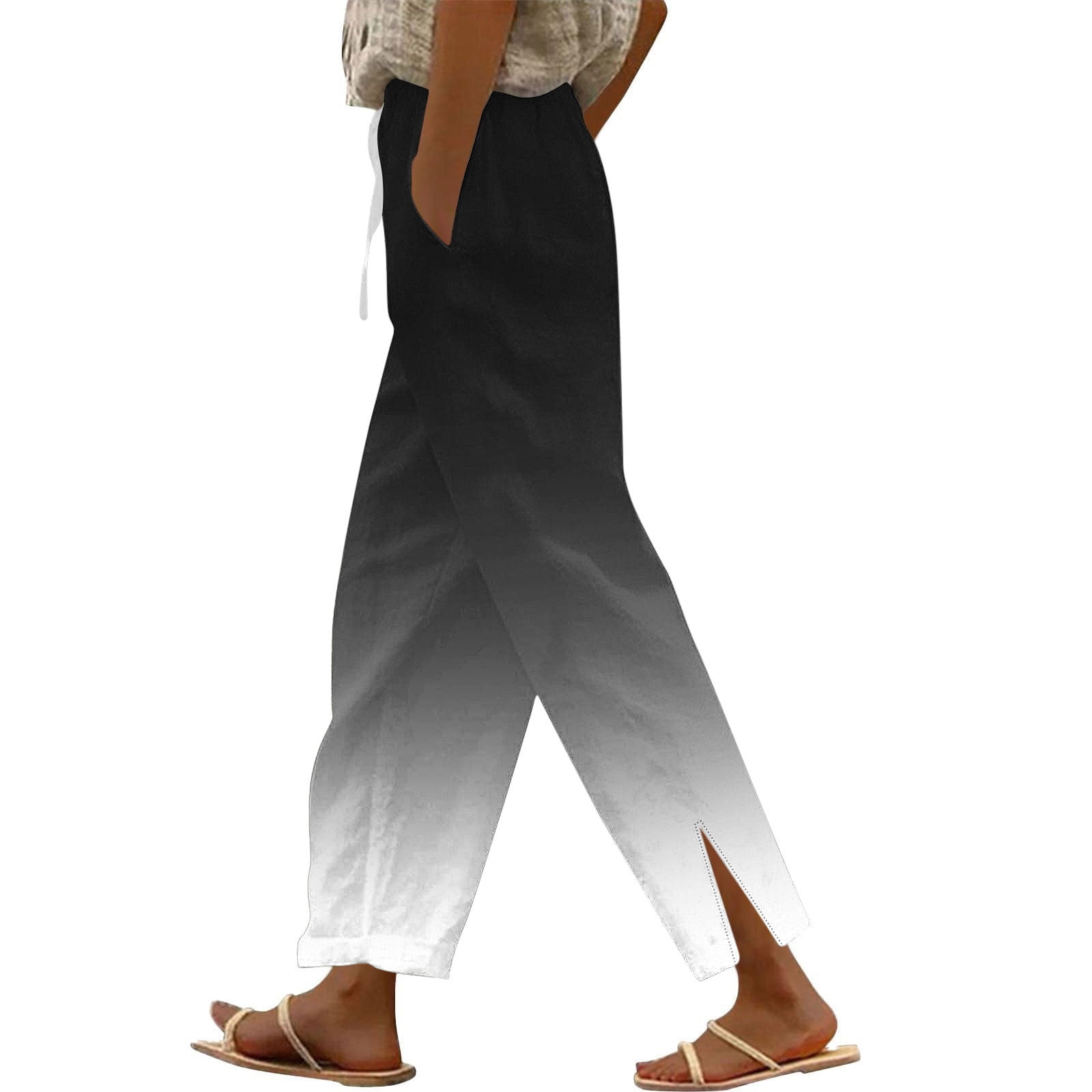Cotton Linen Ankle Pants for Women Gradient Color Summer Side Slit Pant ...