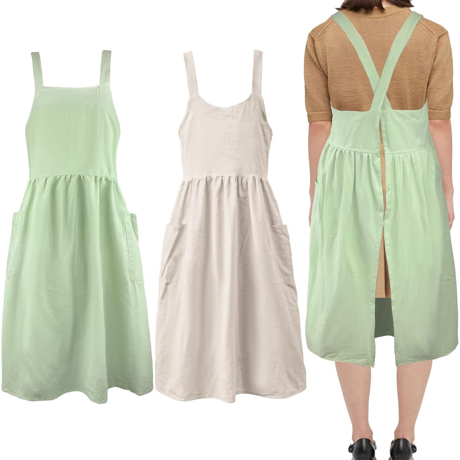 Cotton Linen Apron Cross Back Work Apron for Women with Pockets ...