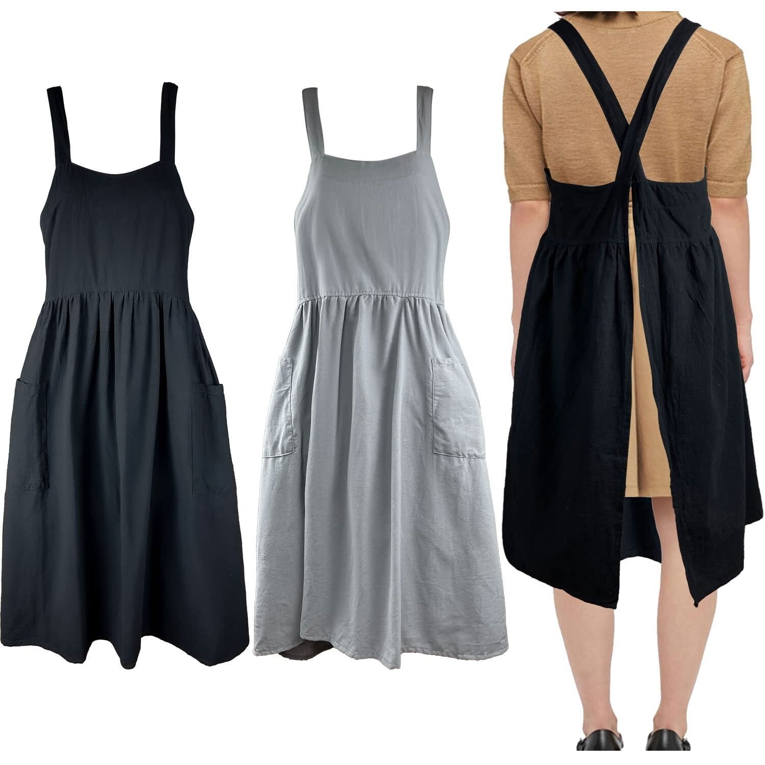 Cotton Linen Apron Cross Back Work Apron for Women with Pockets ...