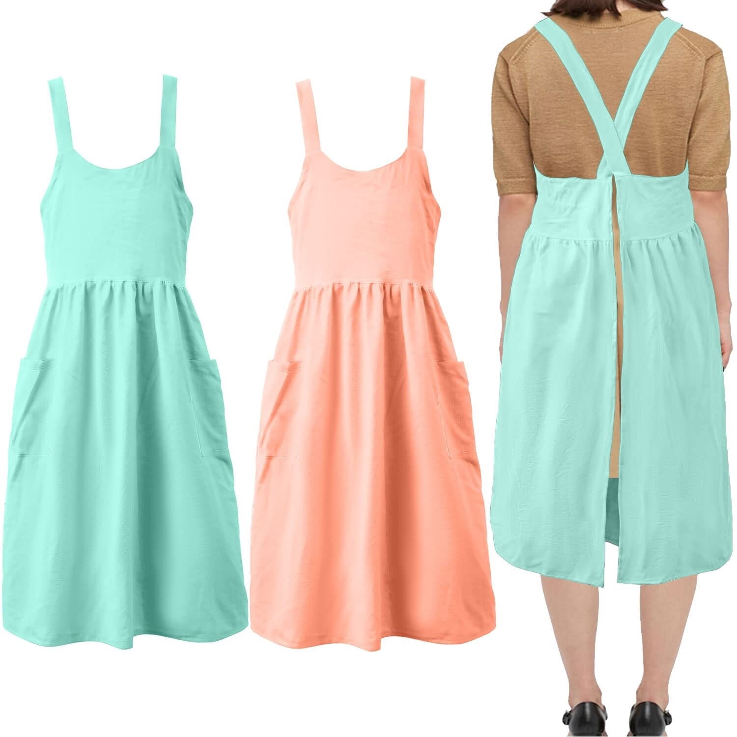 Cotton Linen Apron Cross Back Work Apron for Women with Pockets ...