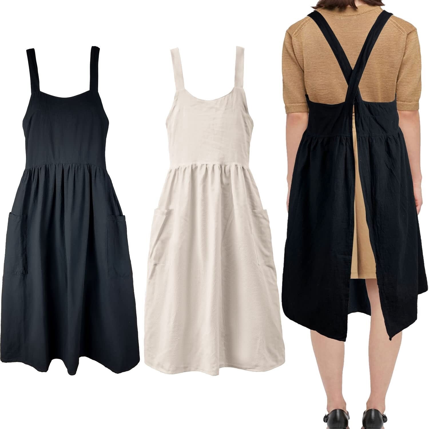 Cotton Linen Apron Cross Back Work Apron for Women with Pockets ...