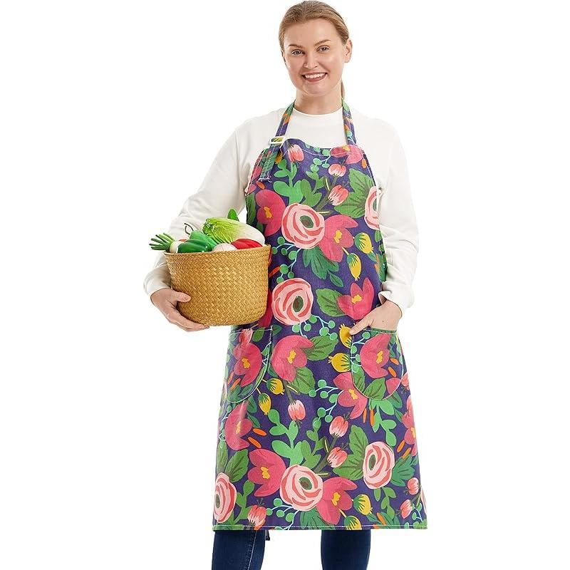Cotton Linen Baking Plus Size Aprons for Women with Pockets Kitchen ...