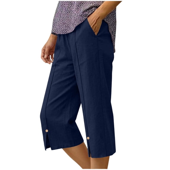 Cotton Linen Bermuda Shorts For Women Elastic Waisted Slit Front Wide ...