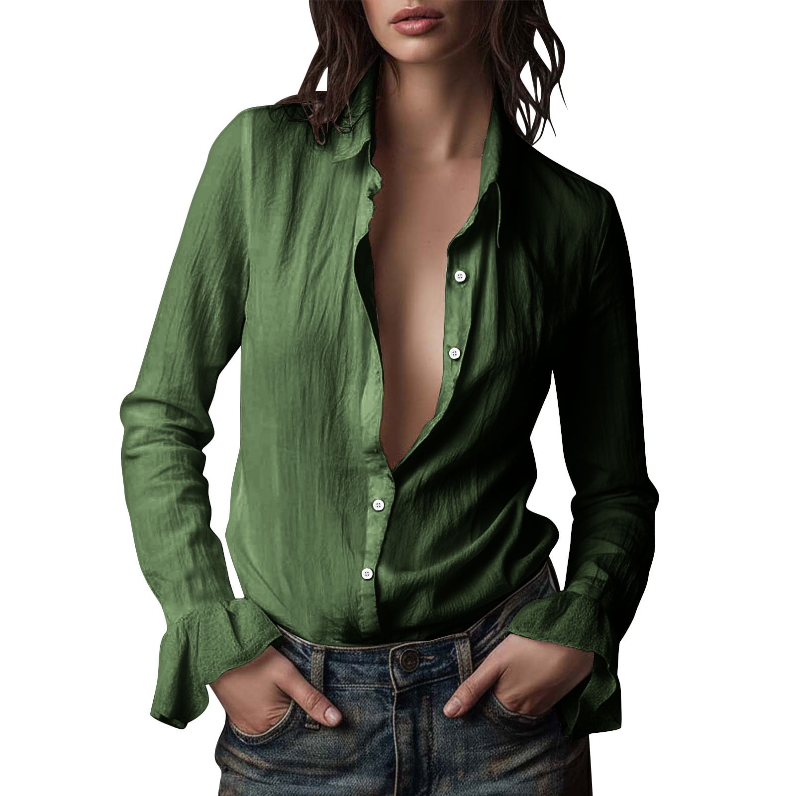 Cotton Linen Blouse for Womens Long Bell Sleeve Shirt Solid Button Down ...